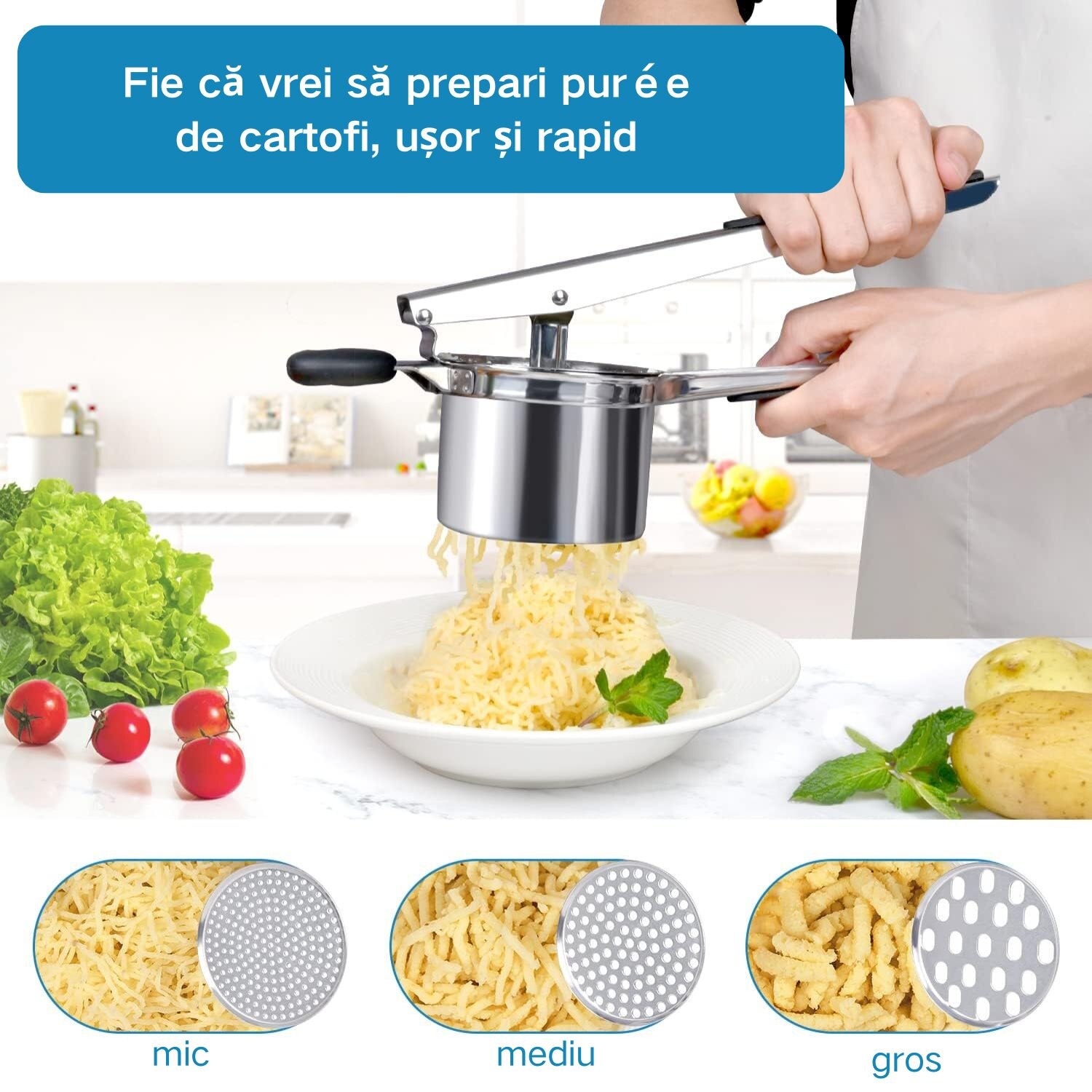 Hokitpro Presa pentru Piure de Cartofi, cu 3 Site Interschimbabile ...