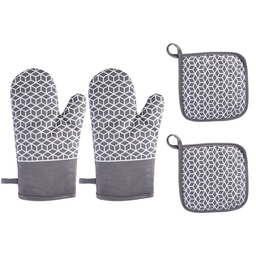 Set 2 piese manusi si 2 suporturi pentru oale, bumbac, gri, 30x18.5cm ...