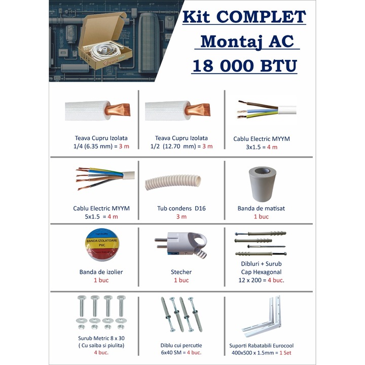 Kit Complet instalare aparat aer conditionat 18000 BTU/h, set 2 bucati ...