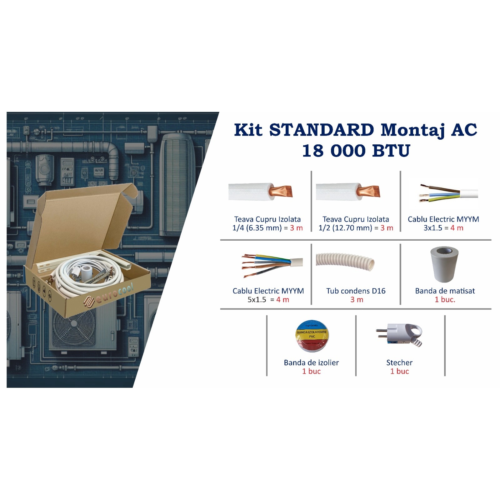 Kit Standard instalare aparat aer conditionat 18000 BTU/h, teava ...