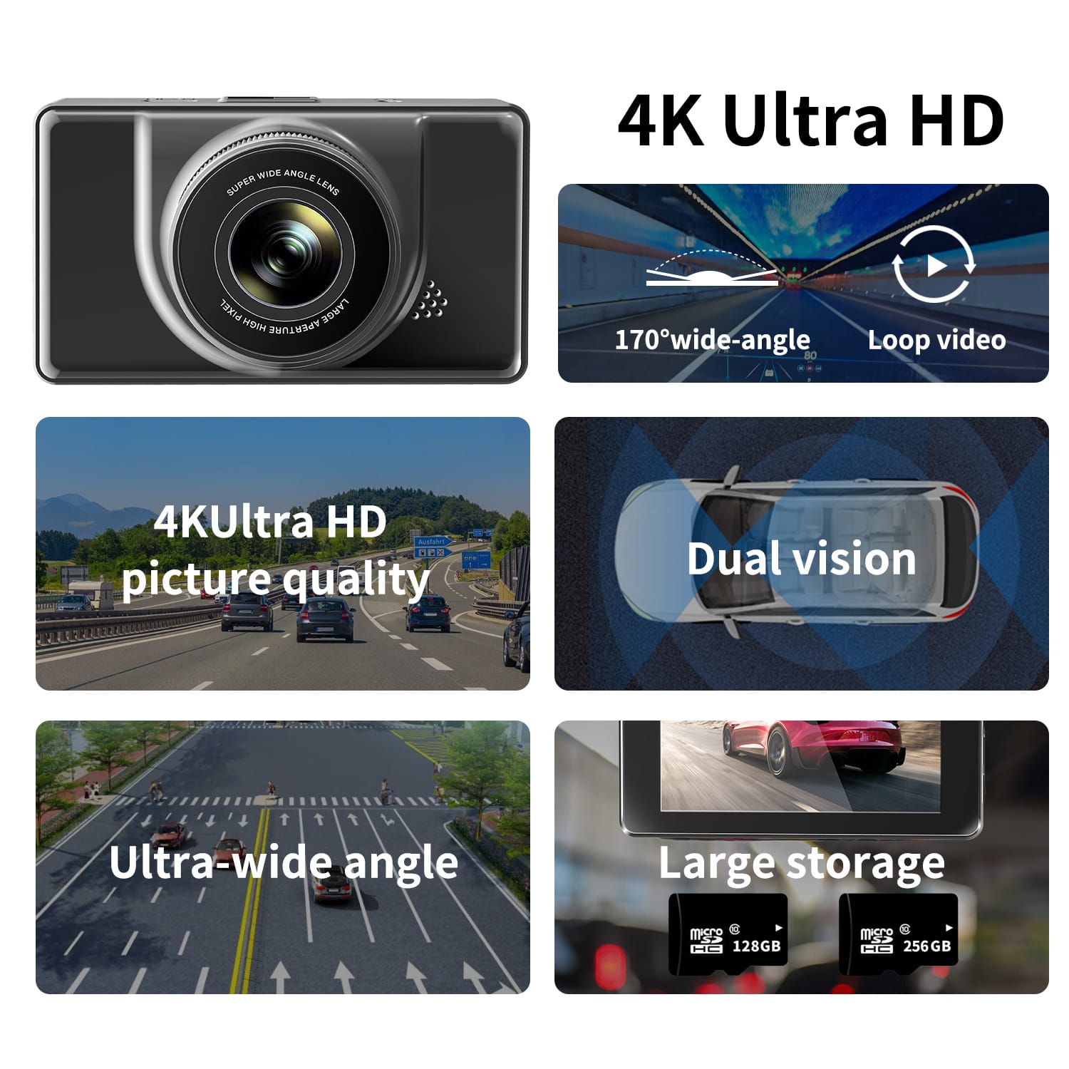 Camera de bord auto smart WiFi 4K +1080P MOGODA®️, Filmare 170° fata si ...