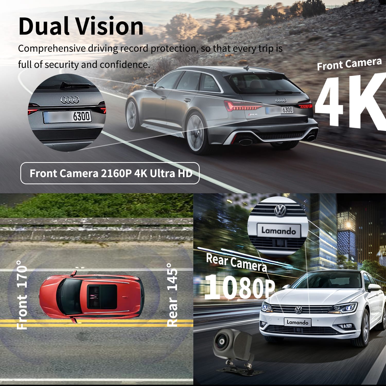 Camera de bord auto smart WiFi 4K + 1080P MOGODA®️, Filmare 170° fata ...