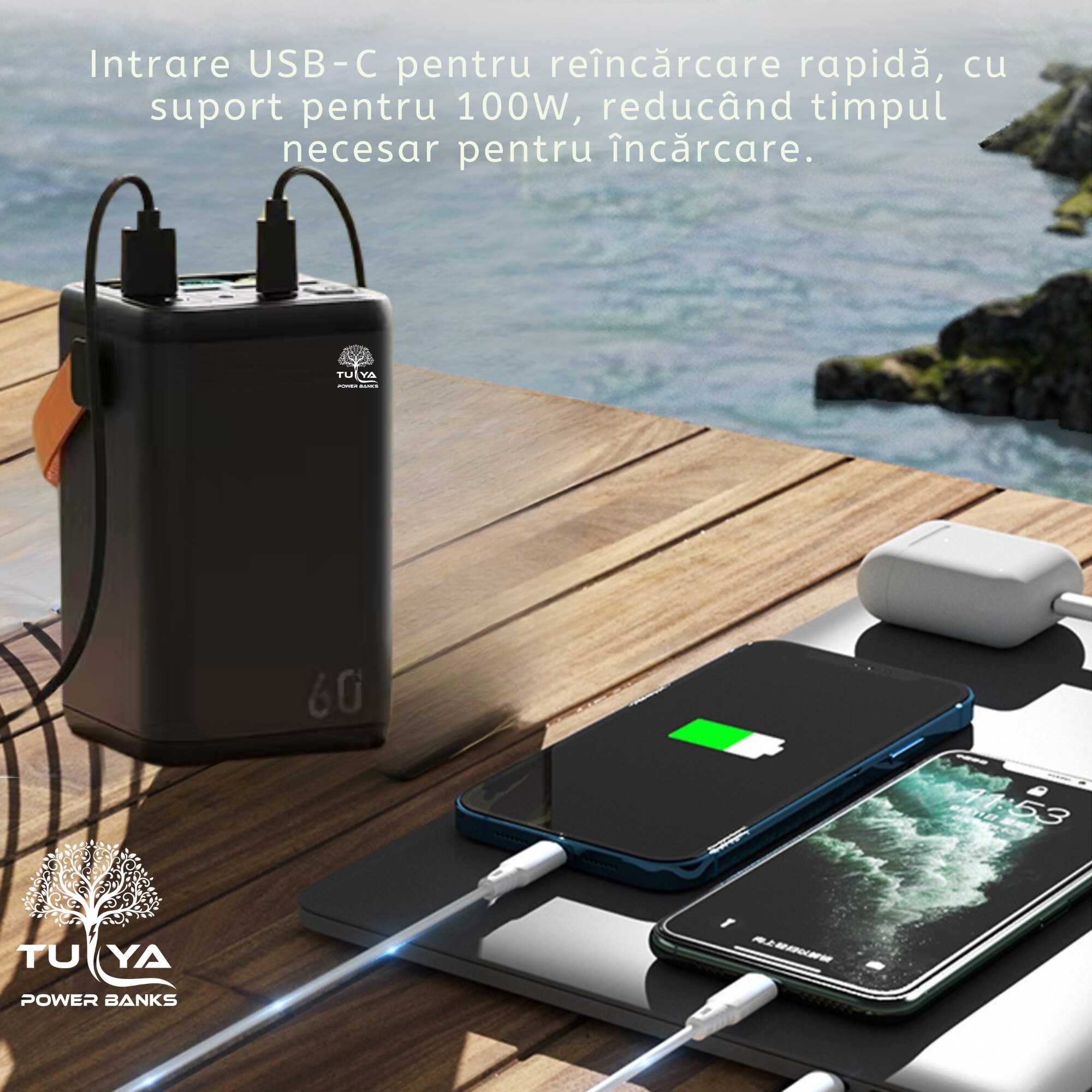 Acumulator Extern 60000 mAh, TU&YA® 100W, 4 x USB, 2 x Type C ...