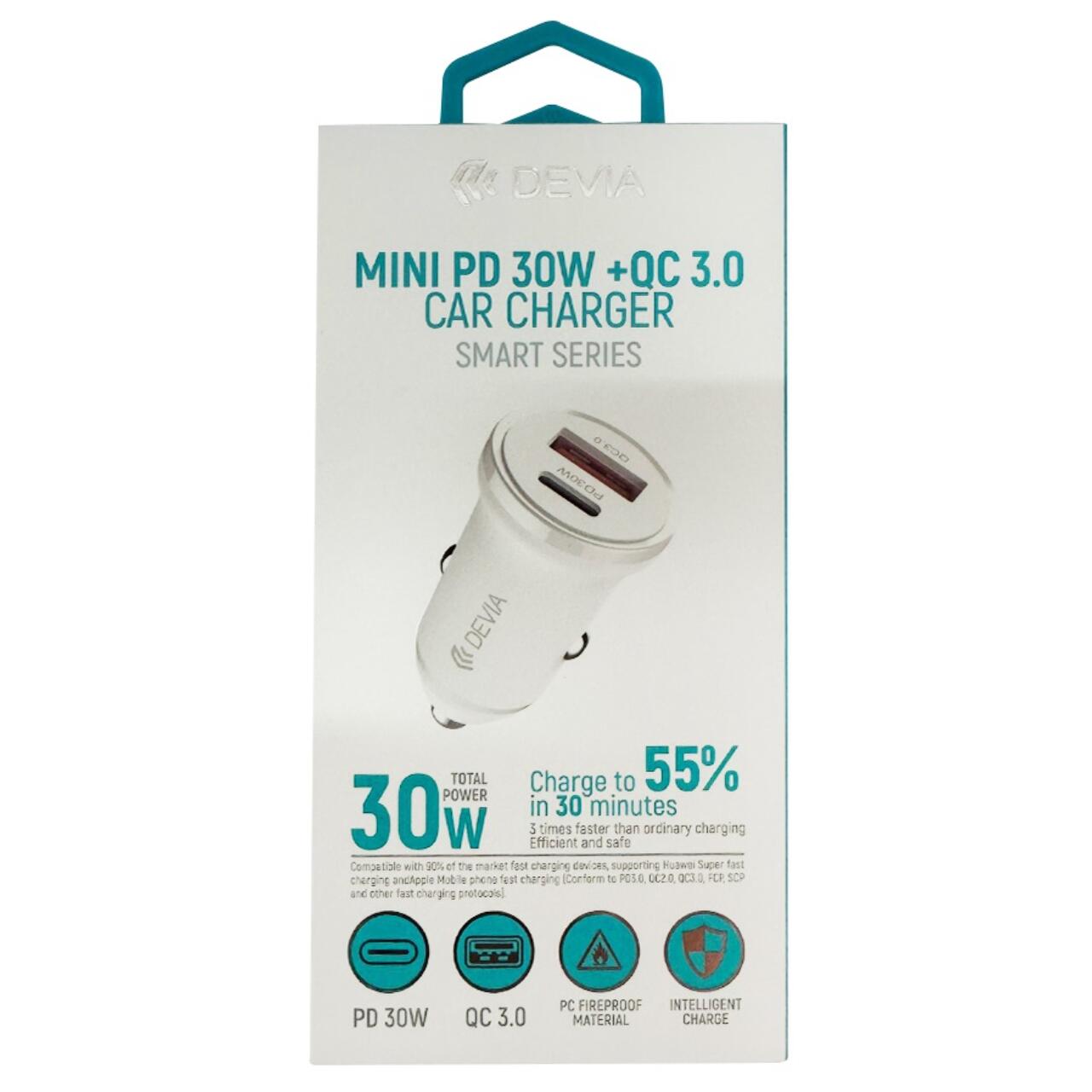 Autós töltő Devia Smart Series Mini PD 30W +QC 3.0 1 x USB-A + 1 x Type ...