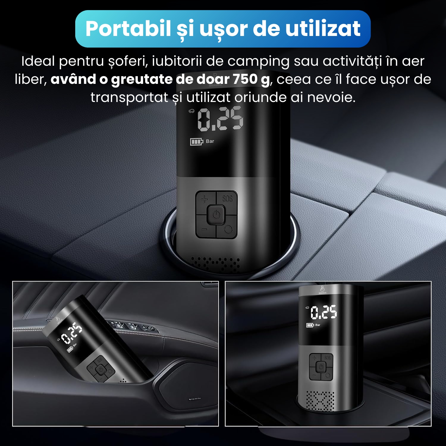 Compresor Auto Portabil, 3 in 1, BRAGUS, Baterie 6000mAh Tip Baterie ...