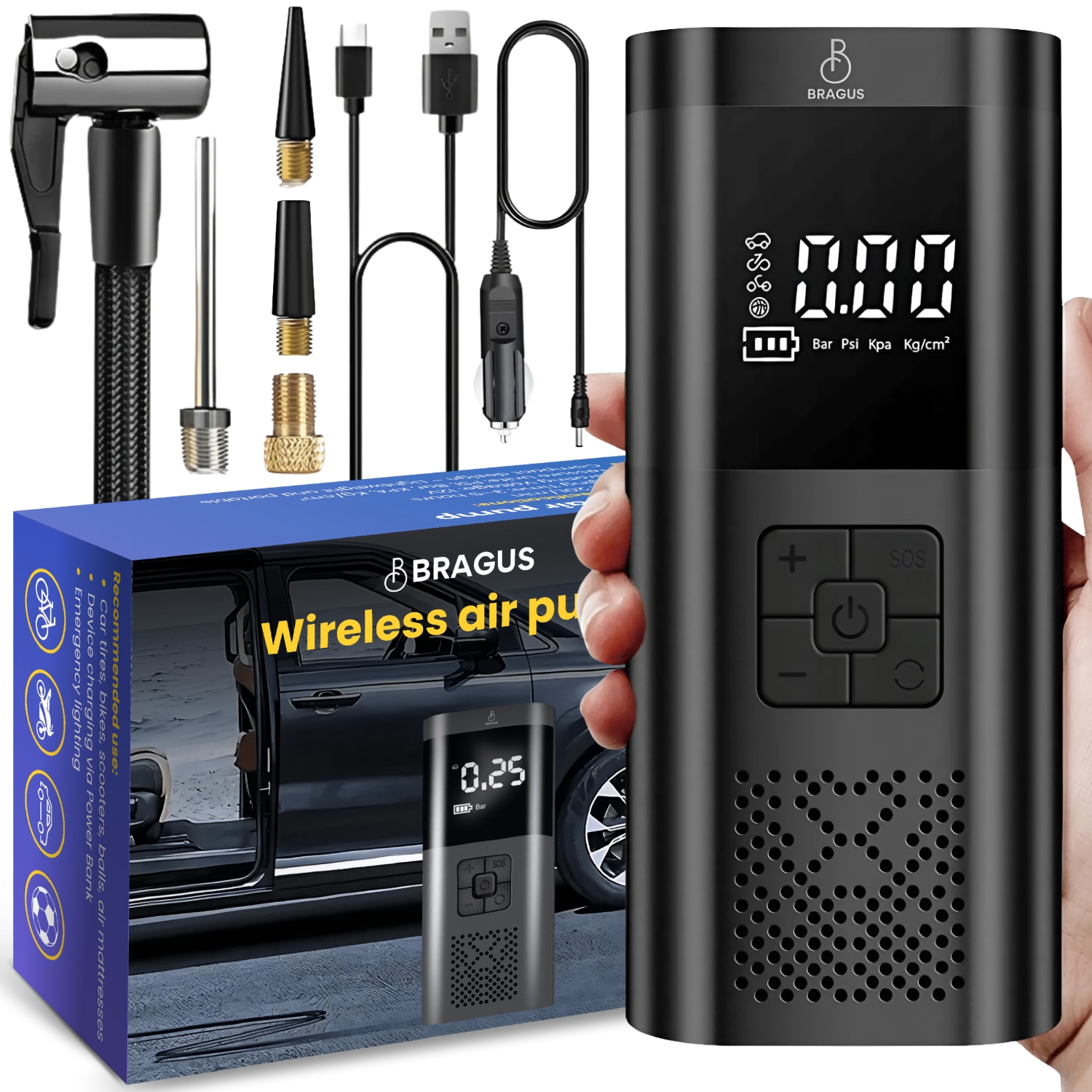 Compresor Auto Portabil, 3 in 1, BRAGUS, Baterie 6000mAh Tip Baterie ...