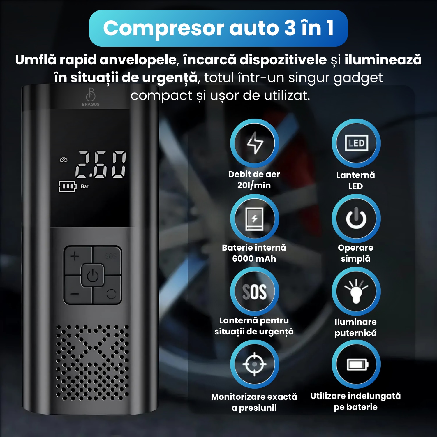 Compresor Auto Portabil, 3 in 1, BRAGUS, Baterie 6000mAh Tip Baterie ...