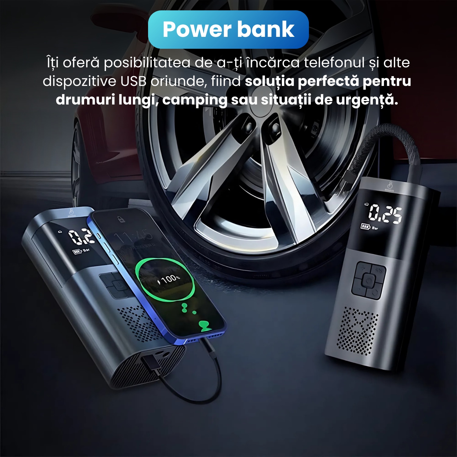 Compresor Auto Portabil, 3 in 1, BRAGUS, Baterie 6000mAh Tip Baterie ...