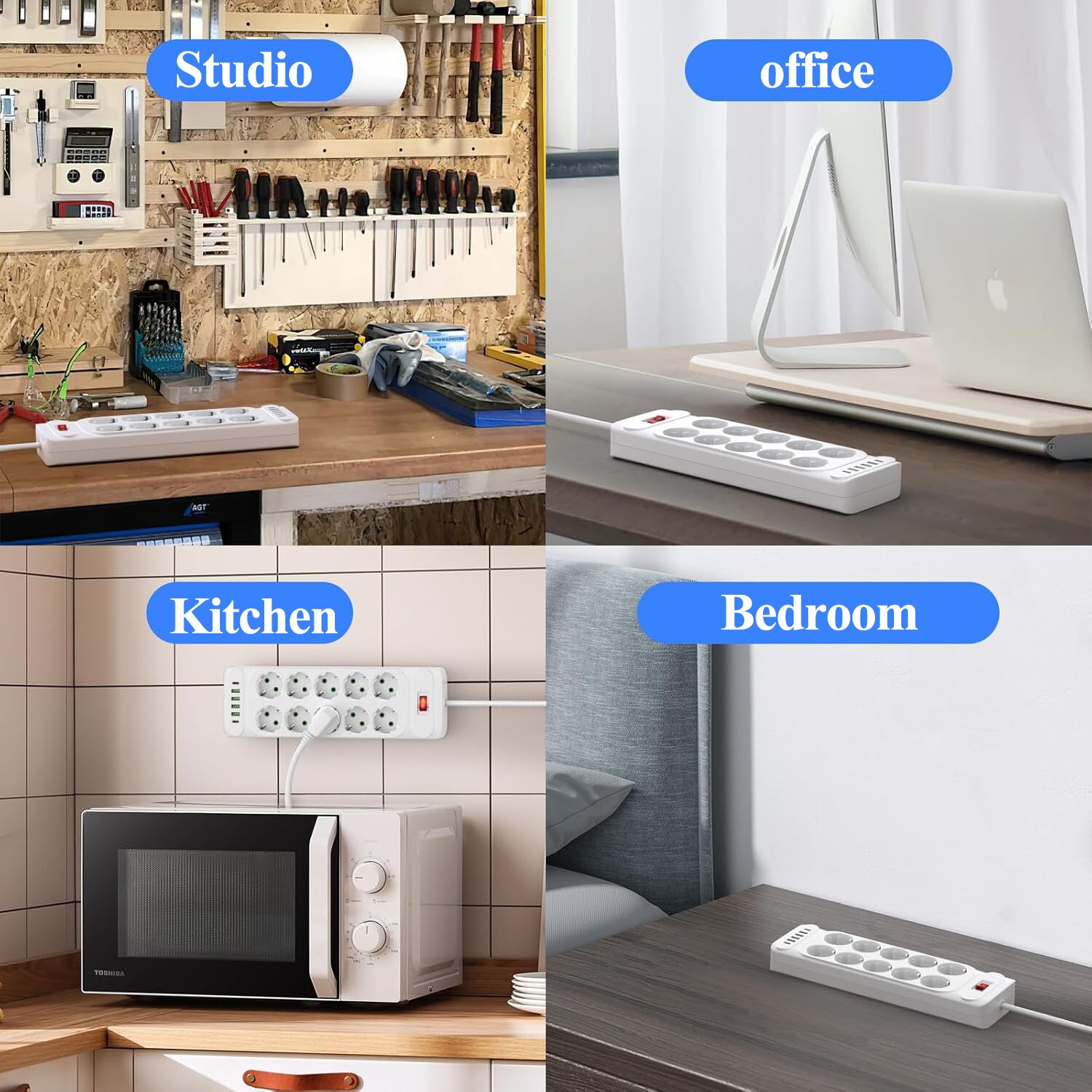 Prelungitor, BYONDSELF®, 2500 W, Protejat pentru Copii, 10 Prize, 4 USB ...