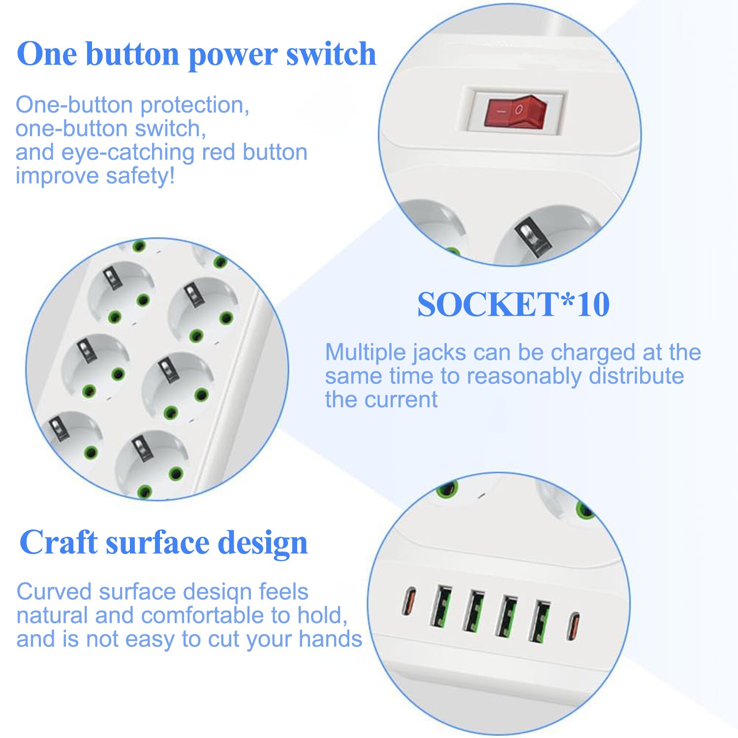 Prelungitor, BYONDSELF®, 2500 W, Protejat pentru Copii, 10 Prize, 4 USB ...