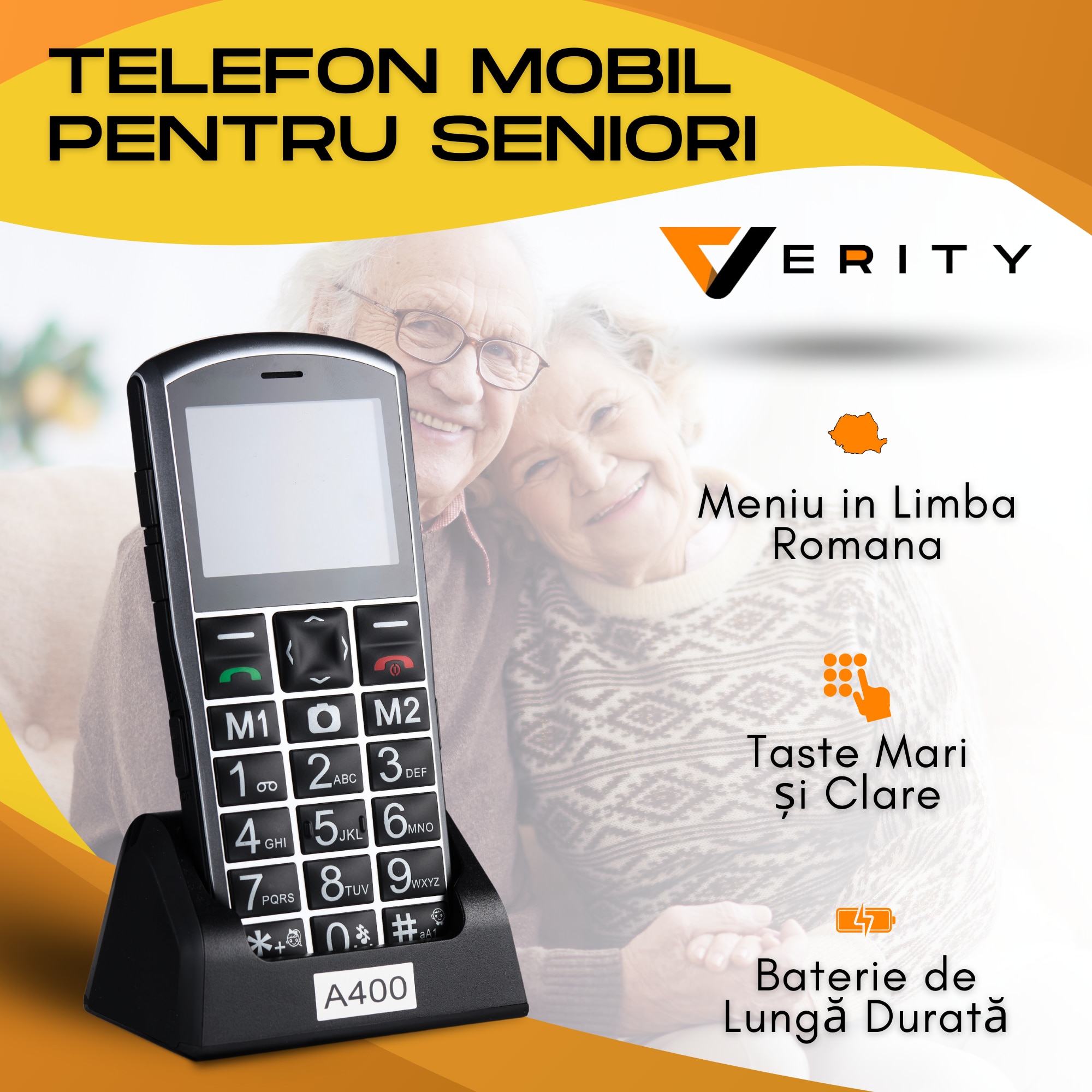 Telefon mobil pentru seniori, cu meniul in limba Romana, Stand pentru ...