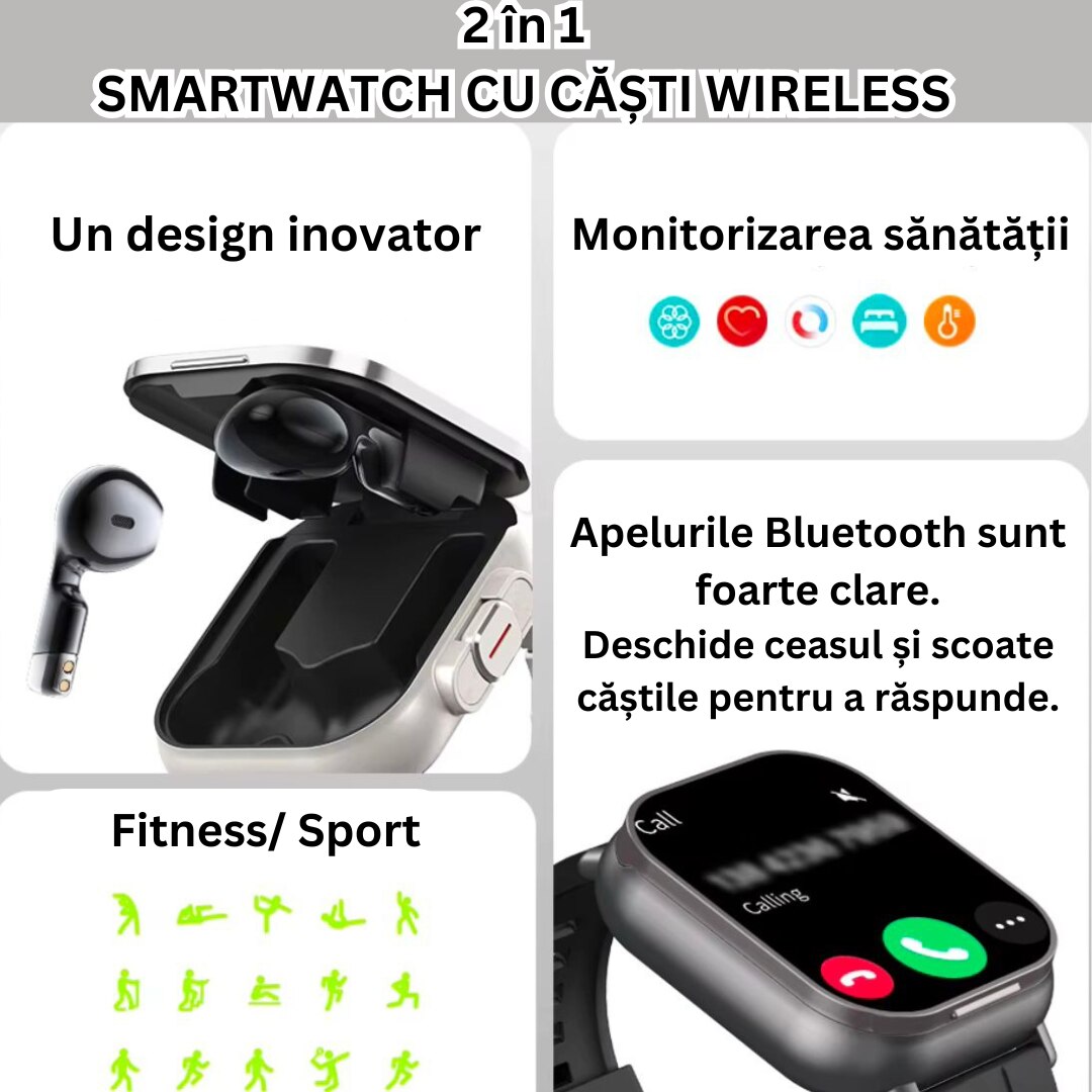 Ceas smartwatch 2in 1, casti Wireless incorporate, Louluna, compatibil ...