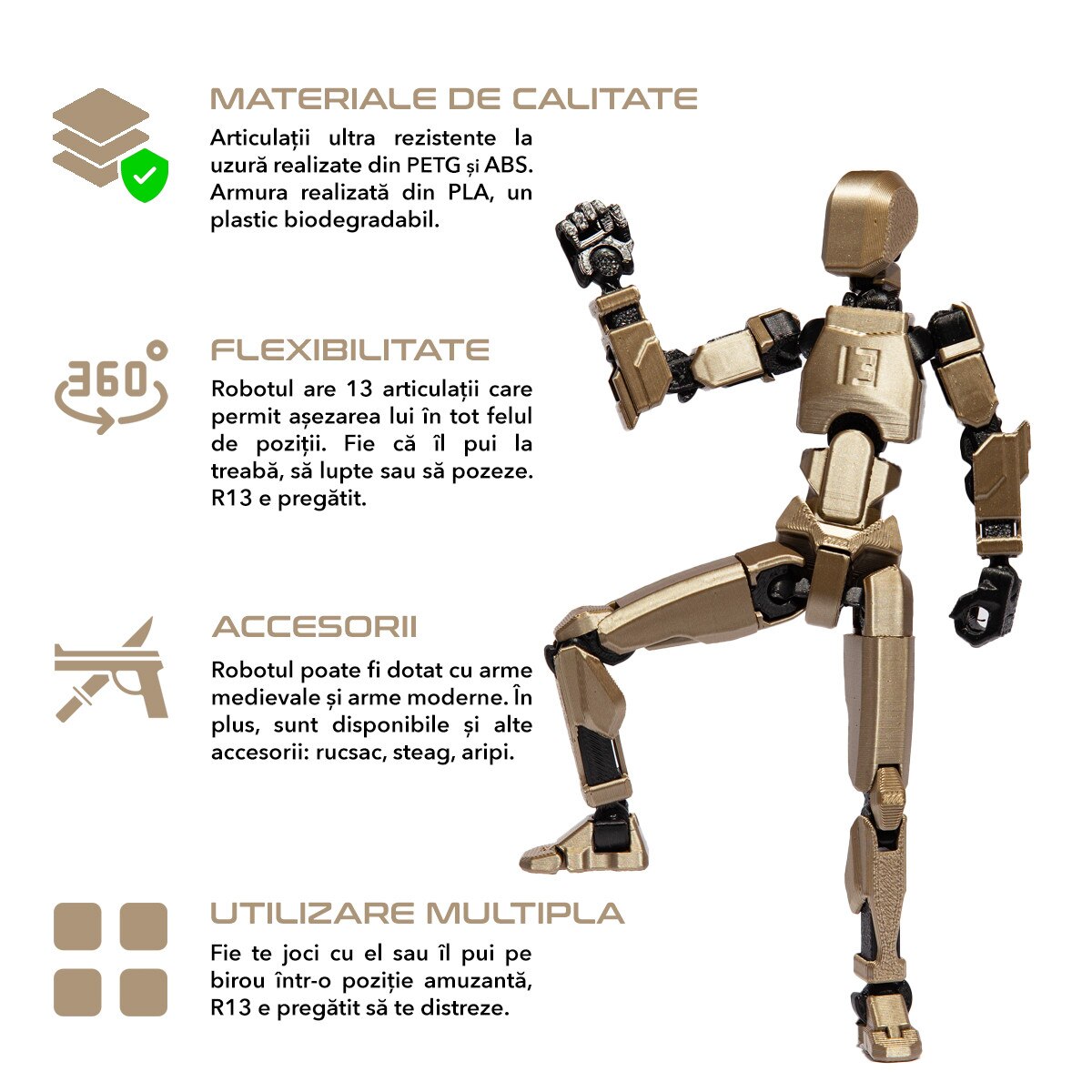 Robot jucarie cu articulatii R13, mediu, 16, 5cm, imprimat 3D, crem ...
