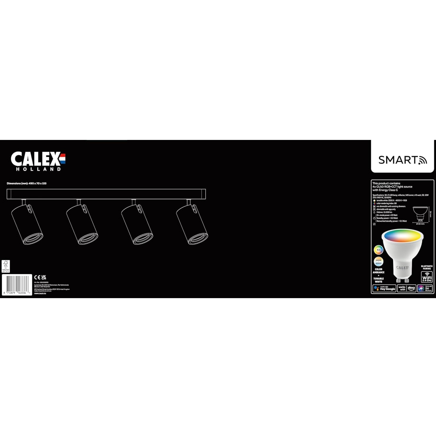 Plafoniera cu 4 spoturi LED RGB inteligenta Calex, Wi-Fi, Bluetooth, 4 ...