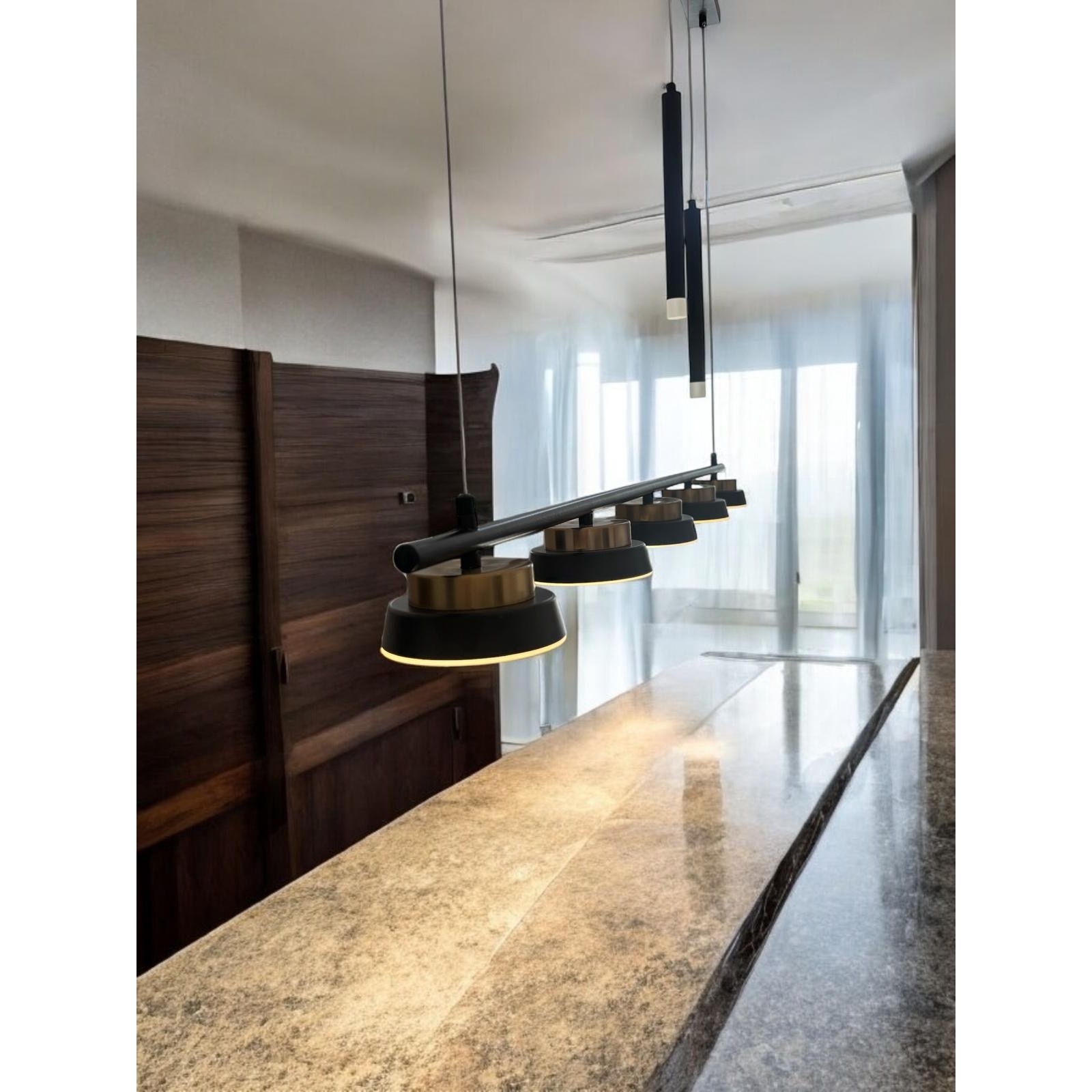 Lustra suspendata dining LED, 120 cm, cu 5 spoturi si 2 pendule, negru ...