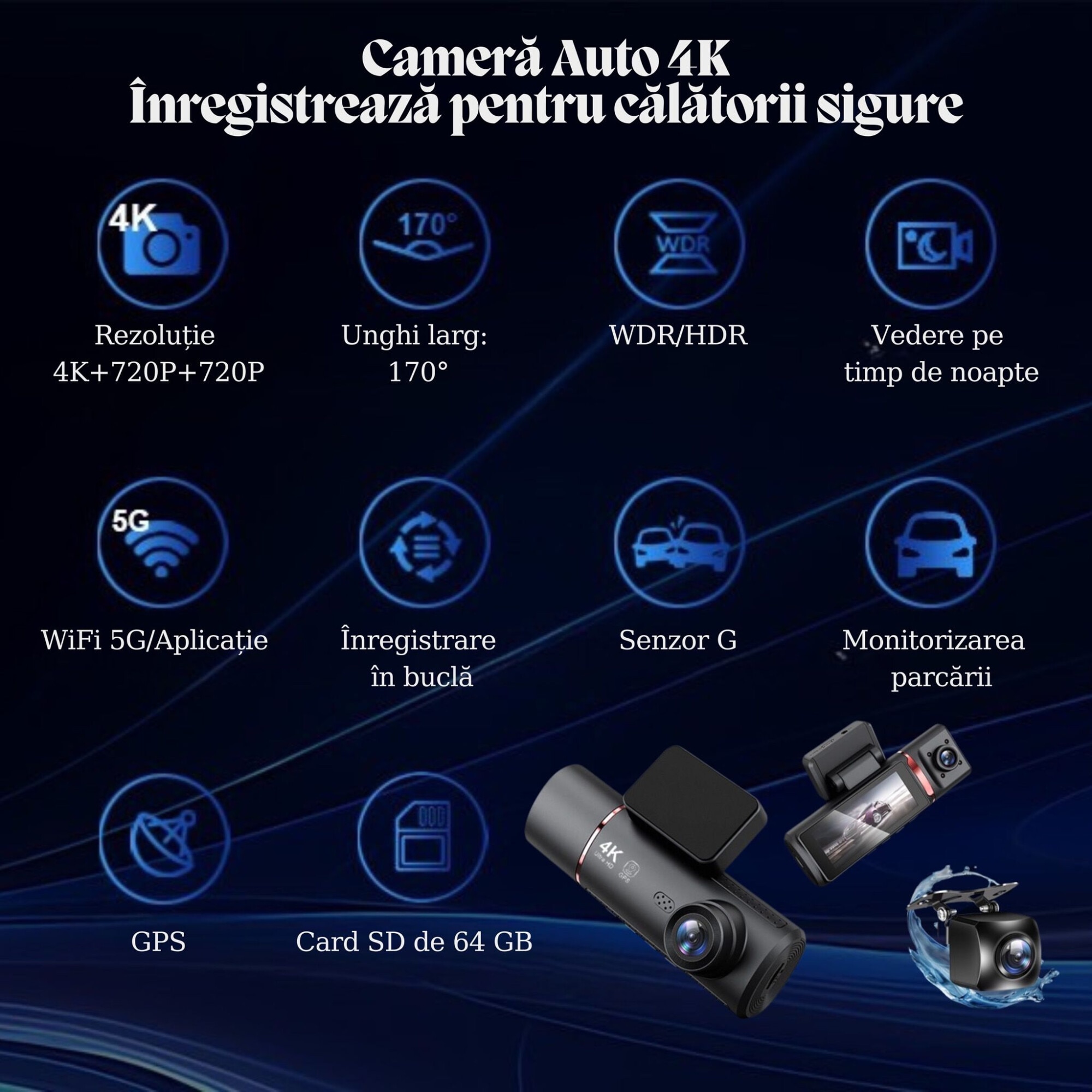 Camera Auto Tripla de Bord e-Wantay® SafePro 6 in 1, 4K UHD, Night ...