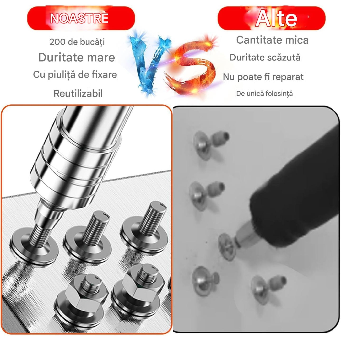 Set de 100 cuie rotunde cu piulita, bolturi pentru pistol manual de 7.3 ...