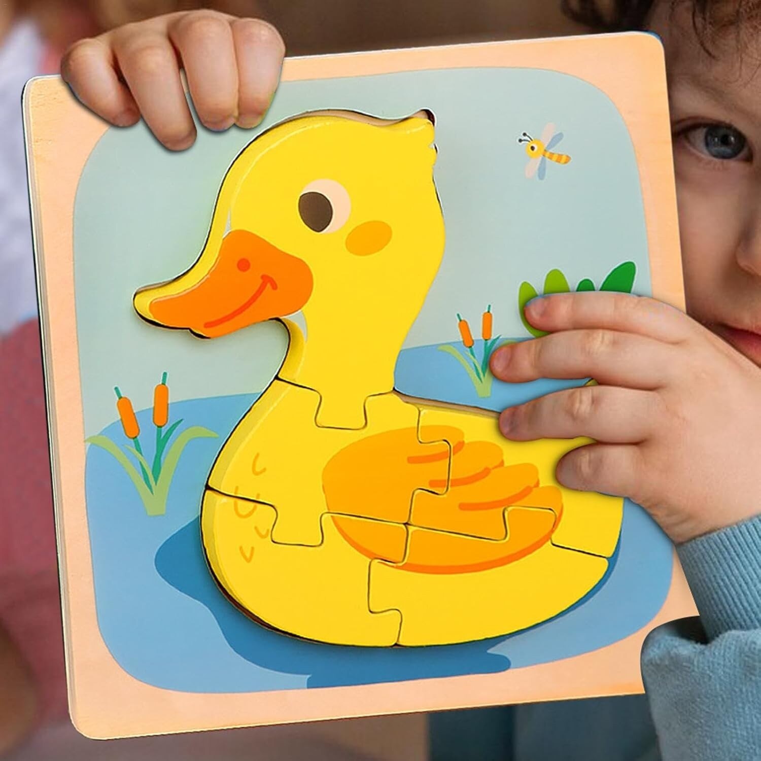 Puzzle Montessori din lemn pentru copii, 3d, 0-3 ani, model ratusca ...