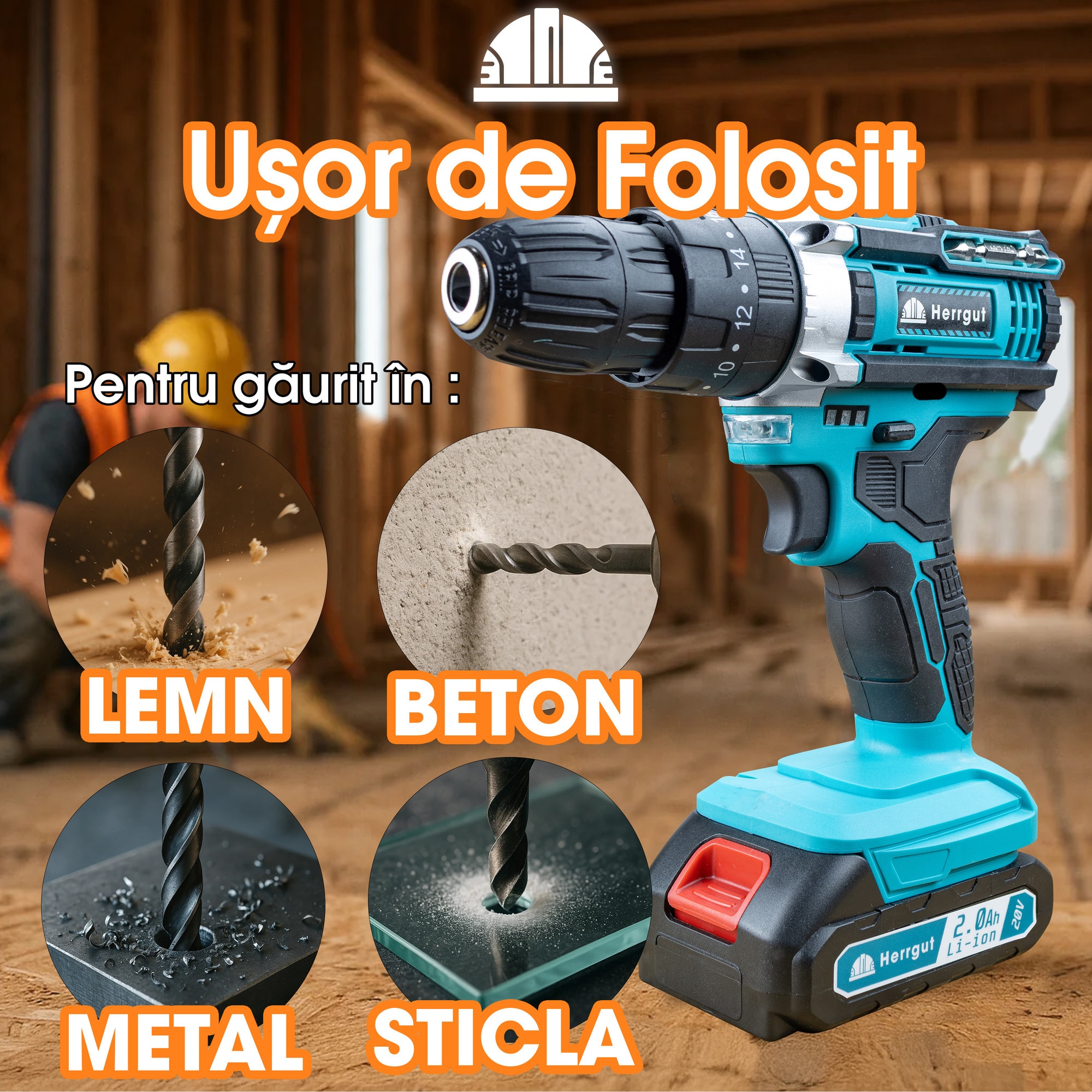 Masina de gaurit si insurubat Herrgut, 2000 mAh Li-Ion, 32 accesorii, 2 ...