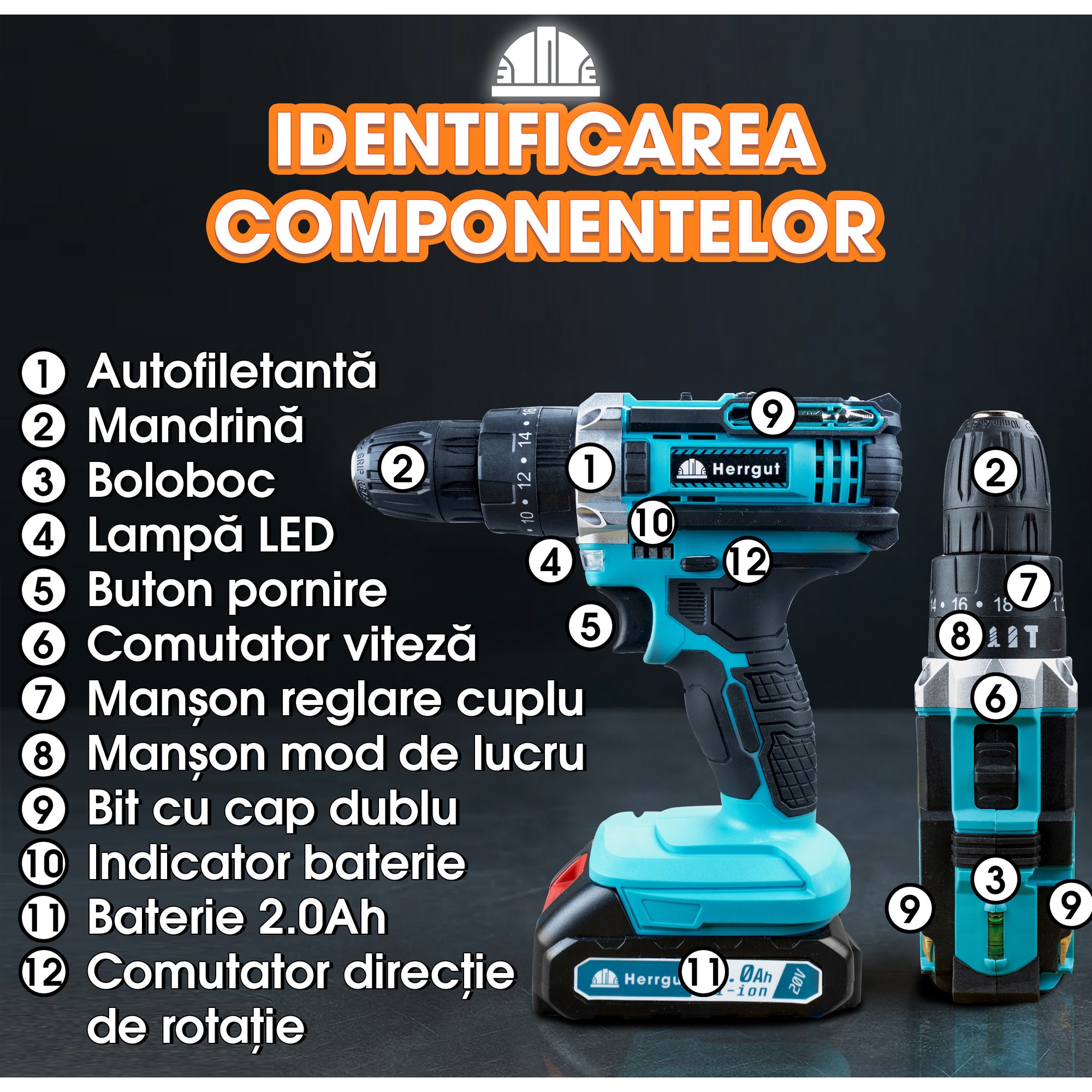 Masina de gaurit si insurubat Herrgut, 2000 mAh Li-Ion, 32 accesorii, 2 ...