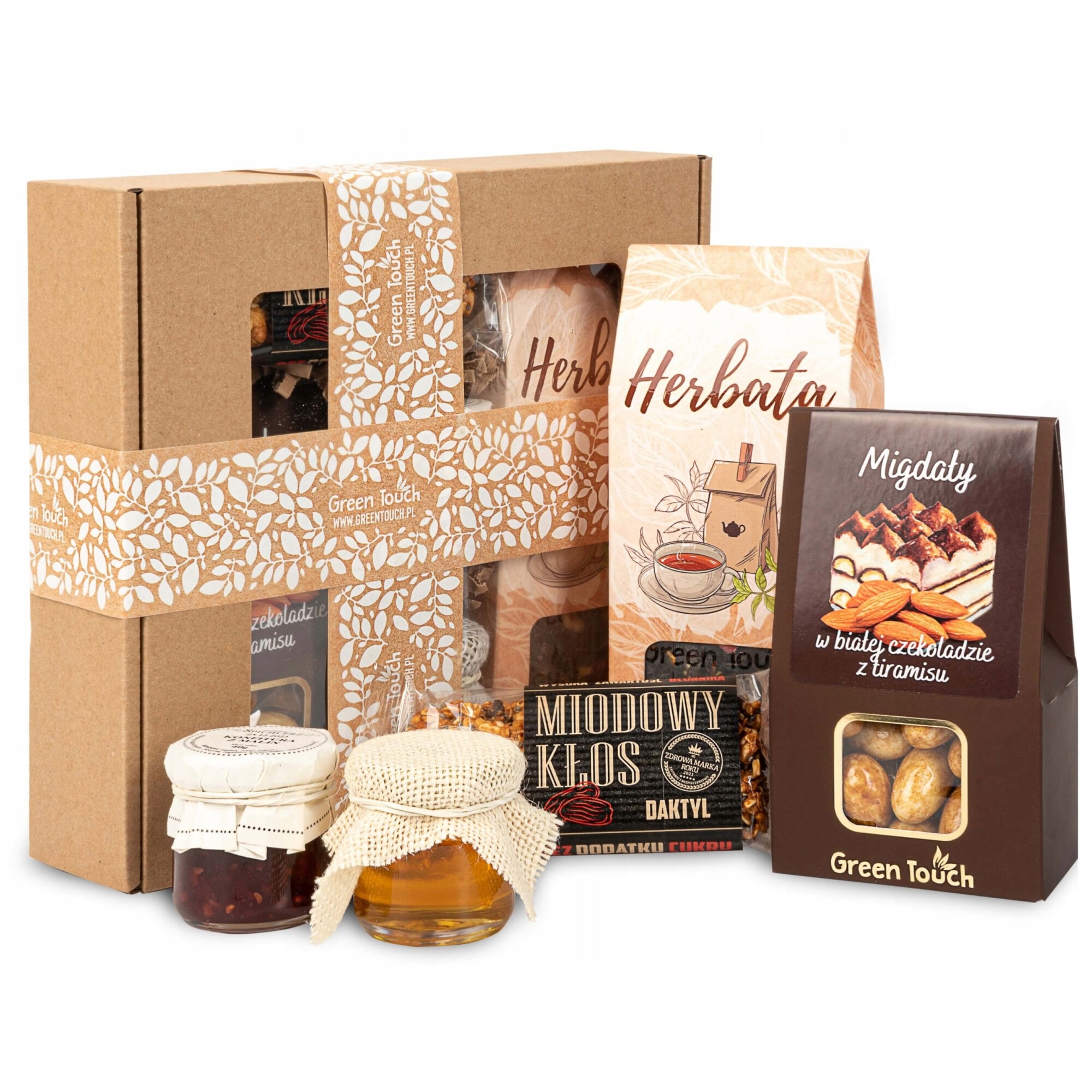 Set cadou ceai, Green Touch, ceai premium 60g, migdale in ciocolata ...