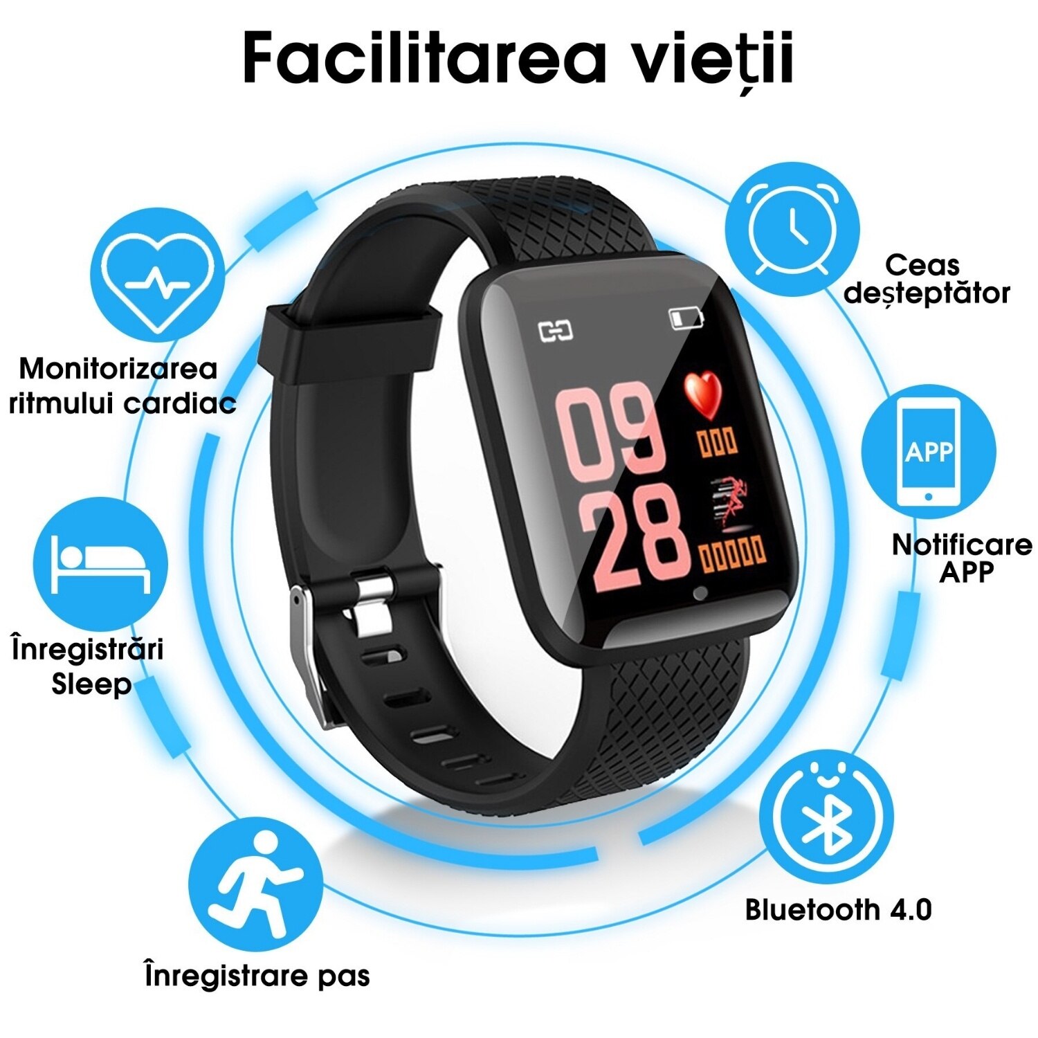 Ceas inteligent multifunctional cu monitorizare a sanatatii, masurare ...
