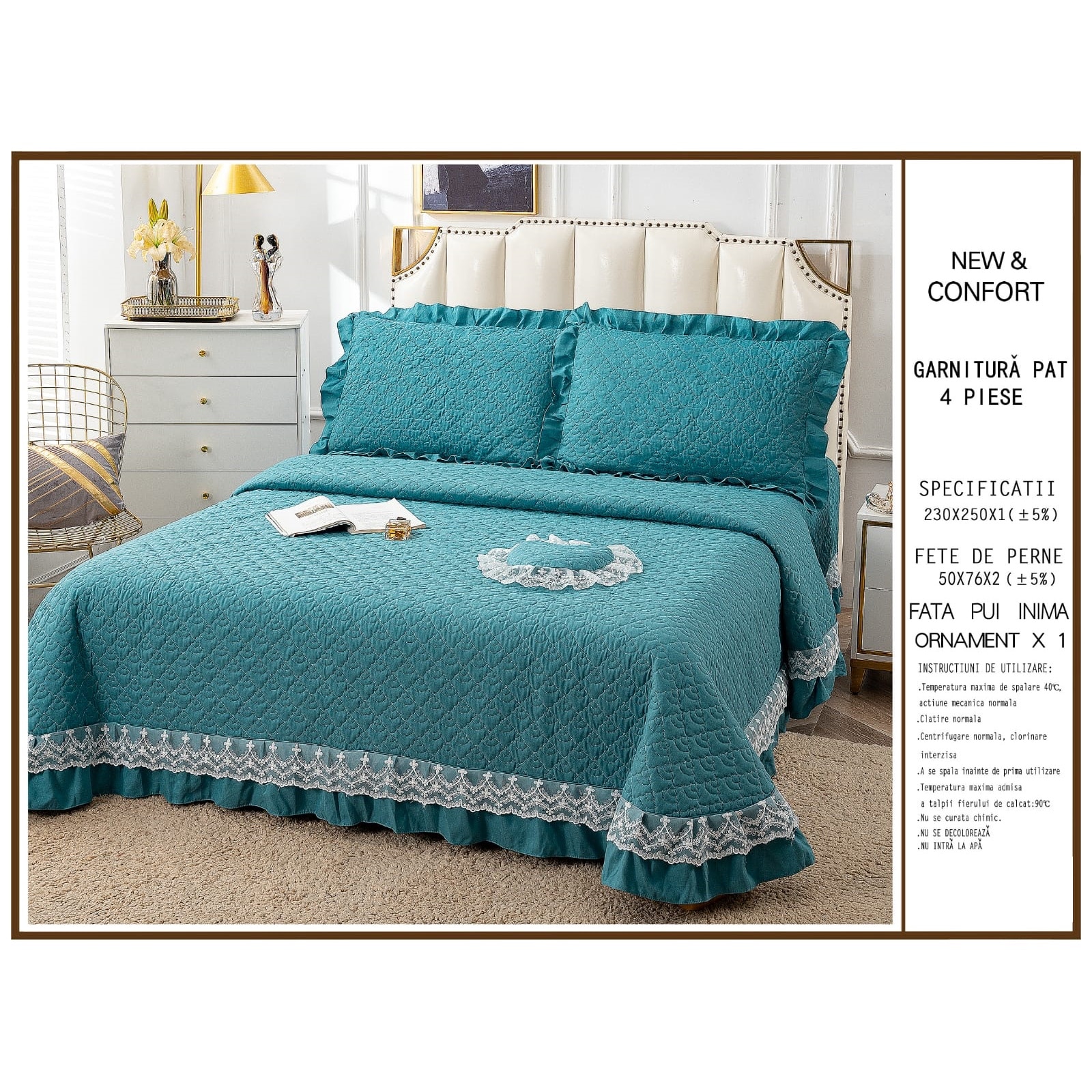 Set Cuvertura Matlasata CHIRASO, FINET, cu dantela fina si volanase, pentru pat dublu, 3 piese ...