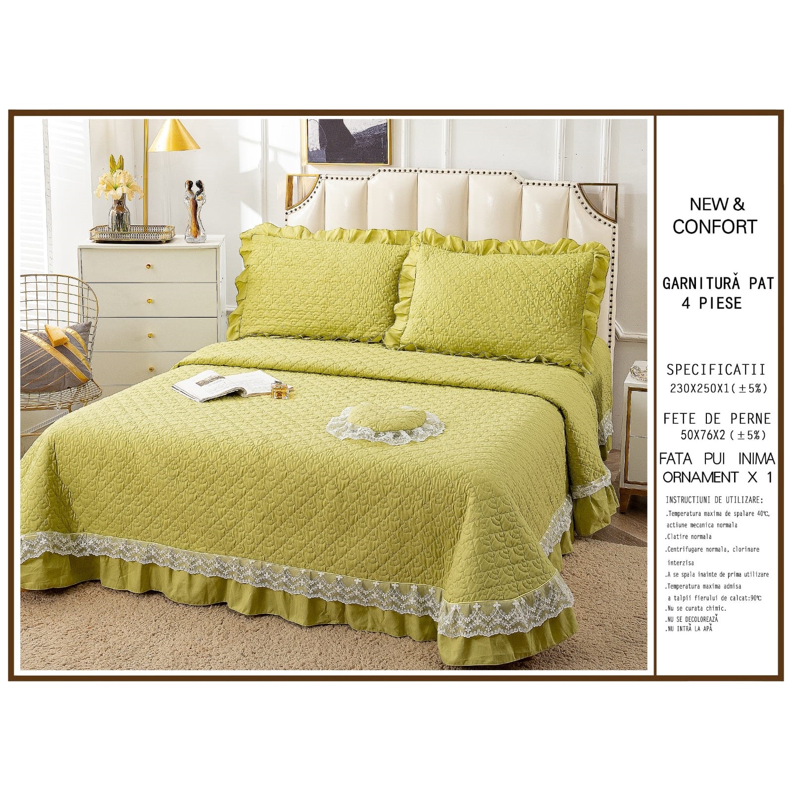 Set Cuvertura Matlasata CHIRASO, FINET, cu dantela fina si volanase ...