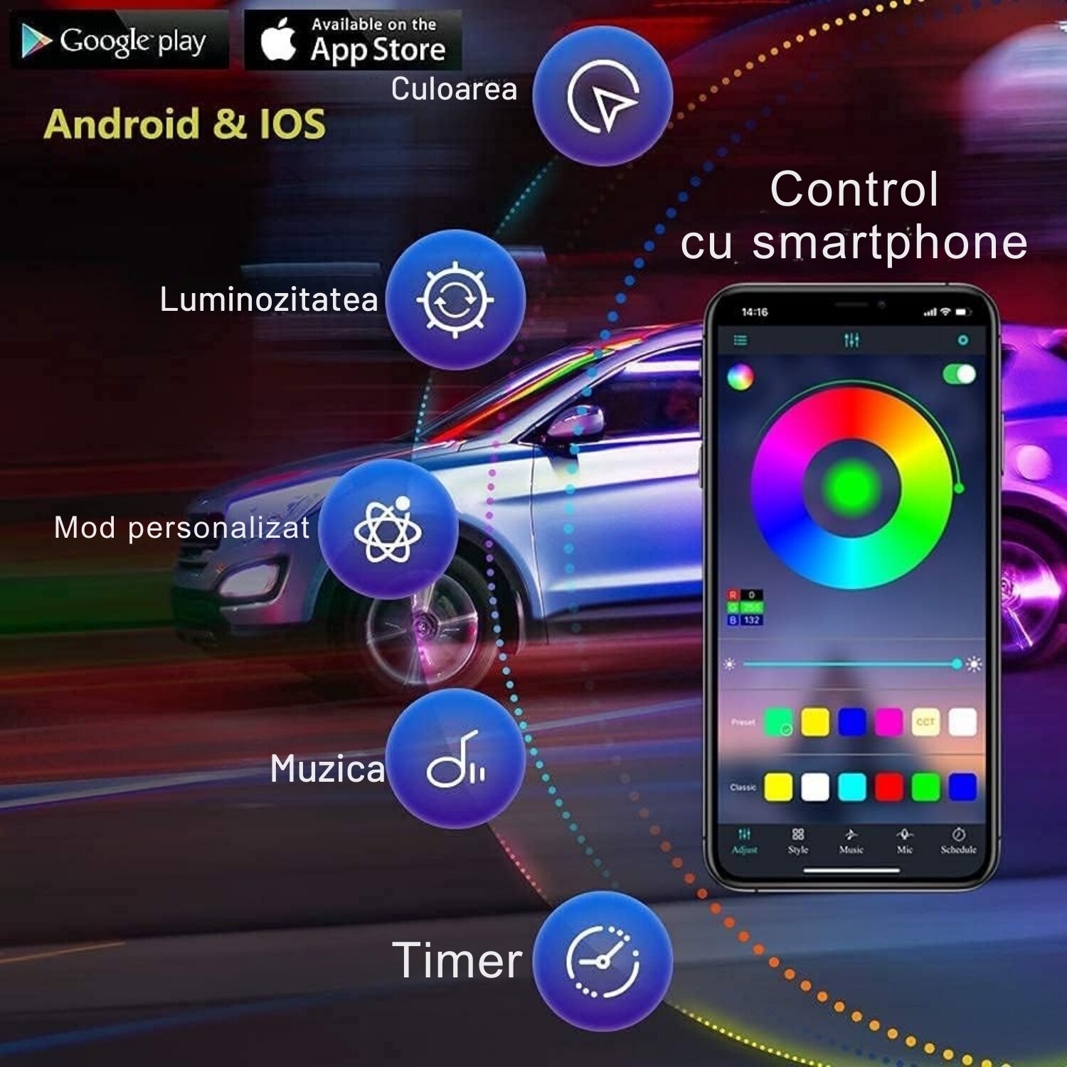 Banda LED auto RGB, 6 metri, impermeabila, 12V, 5W, control inteligent ...