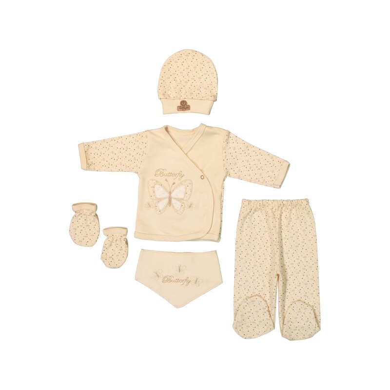 Set 5 piese, nou-nascut,100% bumbac organic, bej, model fluture - eMAG.ro