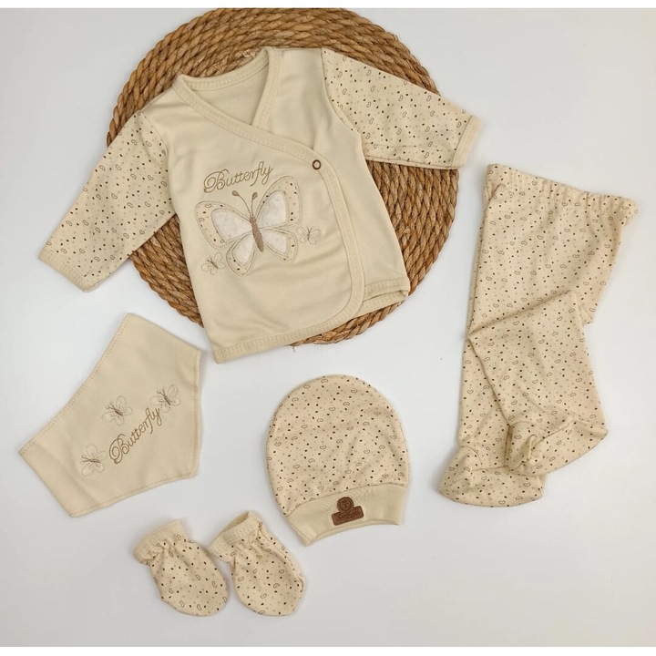 Set 5 piese, nou-nascut,100% bumbac organic, bej, model fluture - eMAG.ro