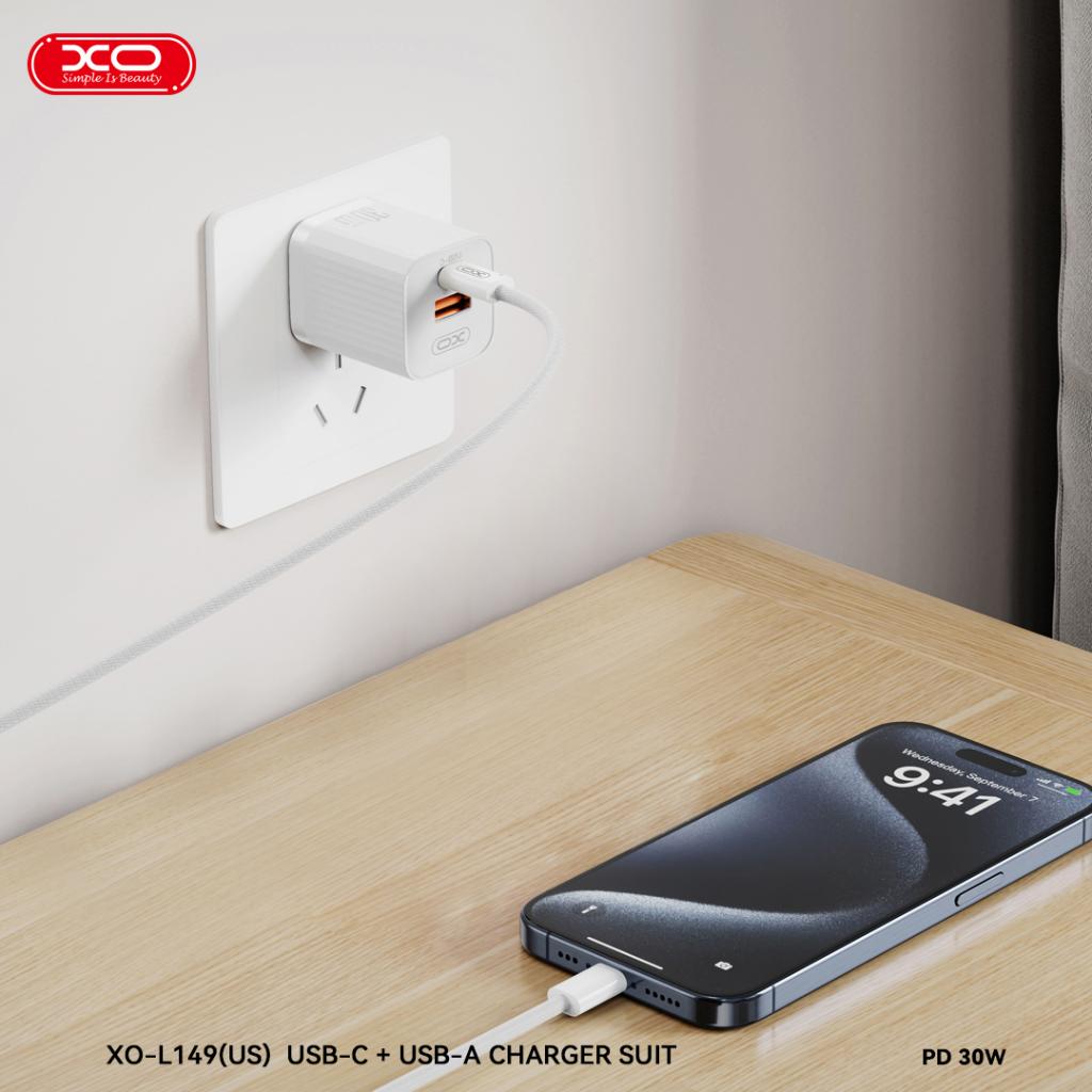 Incarcator de retea 220V XO 30W, USB-C/PD + USB-A/QC L149, alb - eMAG.ro