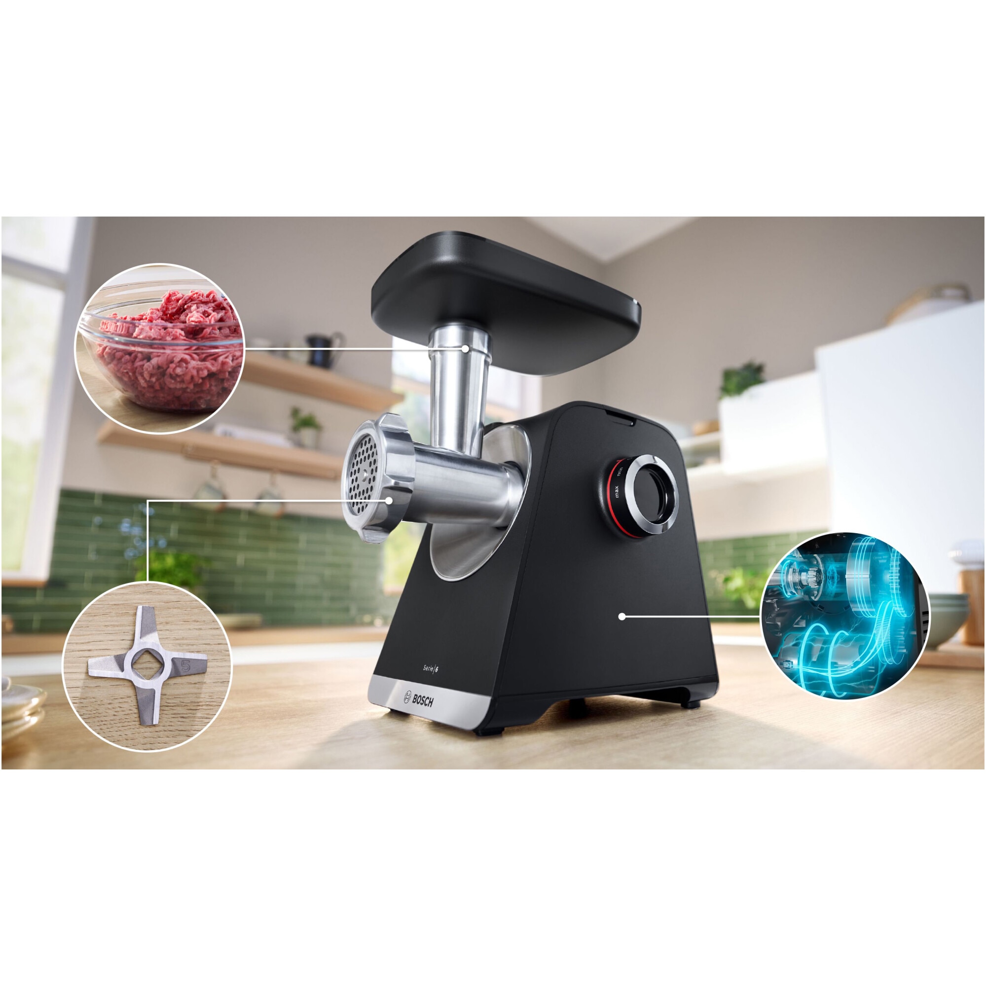 Masina de tocat Bosch MFWS682B, 2100W, 3.5kg/ min, 3 site, accesoriu ...