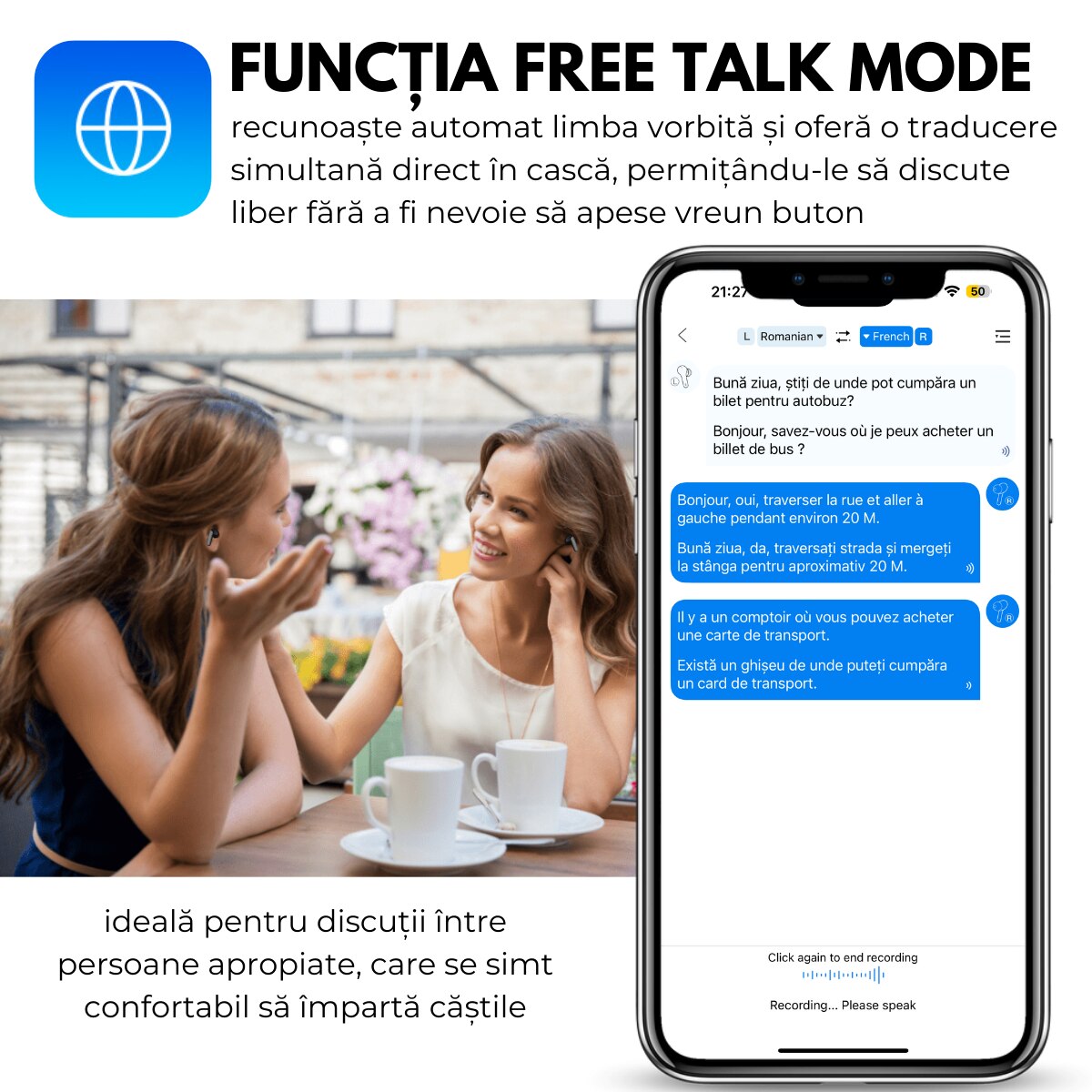 Casti cu Traducator pentru Conversatii in timp real, 144 Limbi ...