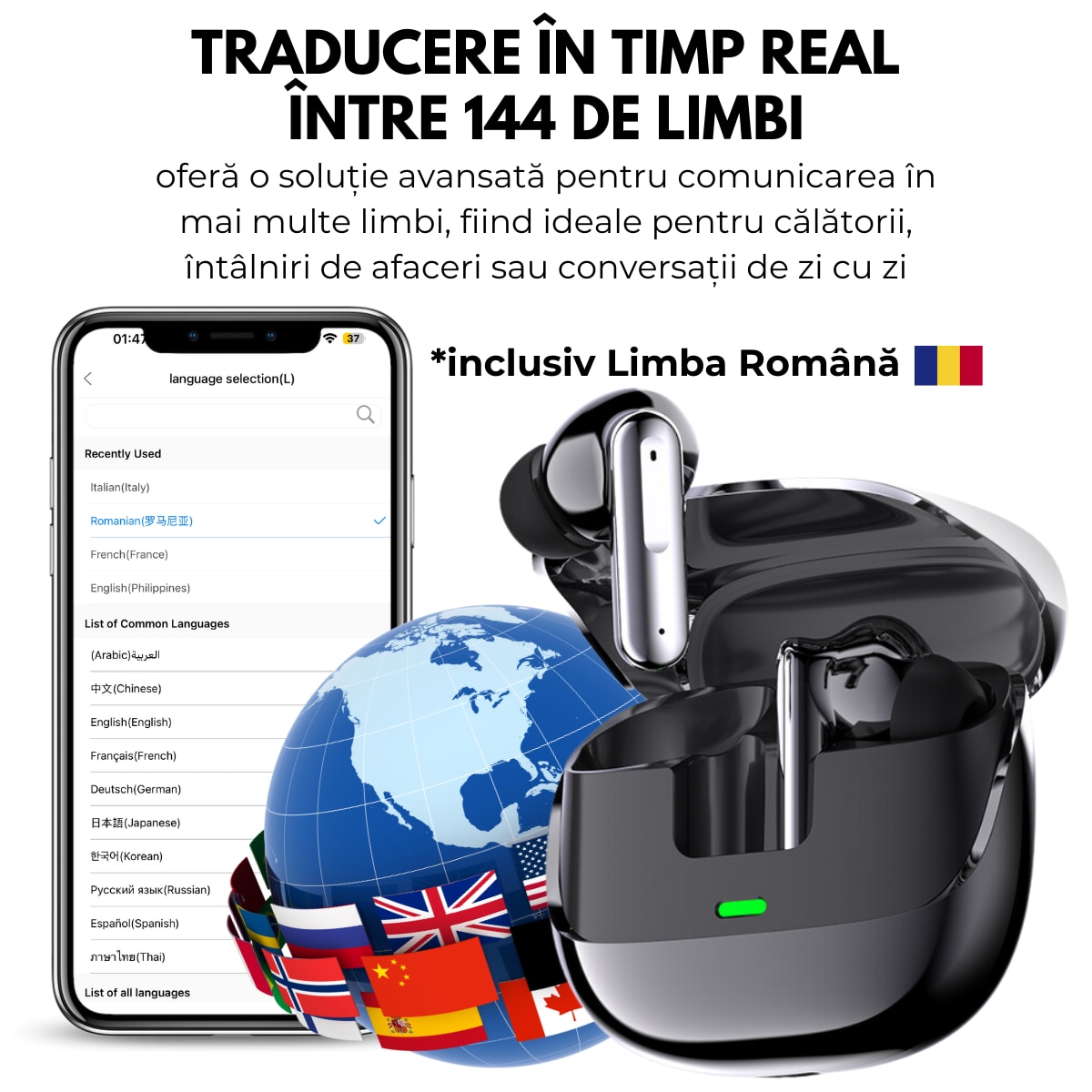 Casti cu Traducator pentru Conversatii in timp real, 144 Limbi ...