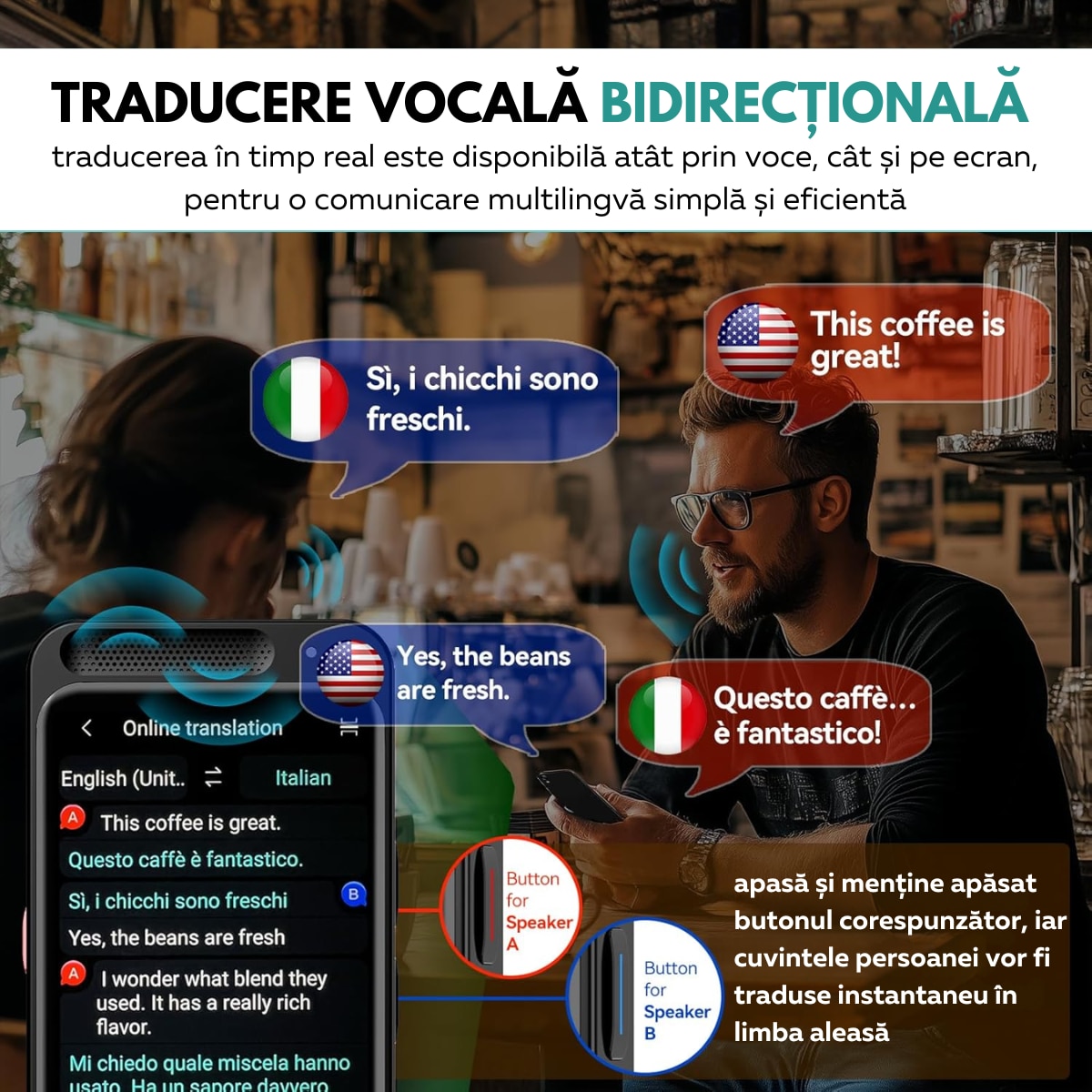 Traducator Inteligent M3 Pro, Asistent AI, Bluetooth, 139+ Limbi ...