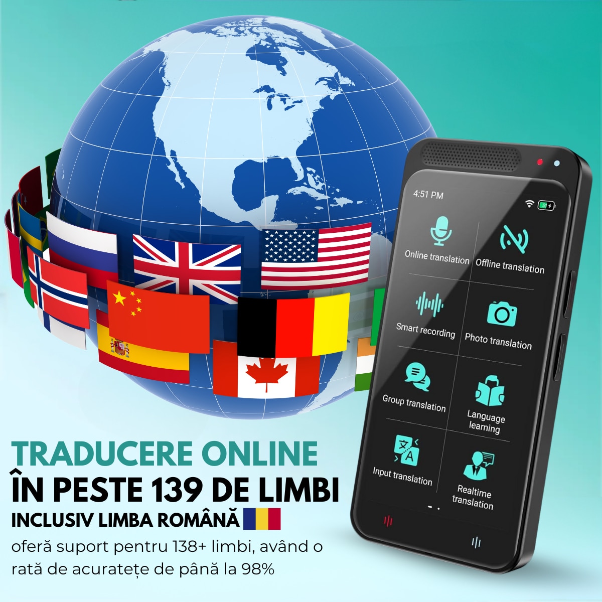 Traducator Inteligent M3 Pro, Asistent AI, Bluetooth, 139+ Limbi ...