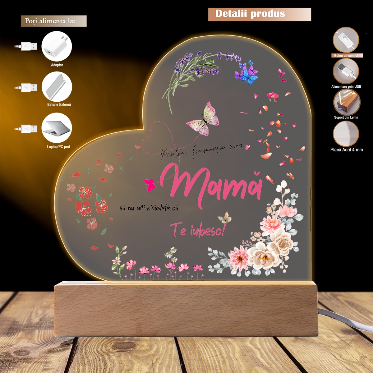 Set Cadou Pentru Mama, Joystos, Lampa din Acril Decorativa, cu Mesajul ...