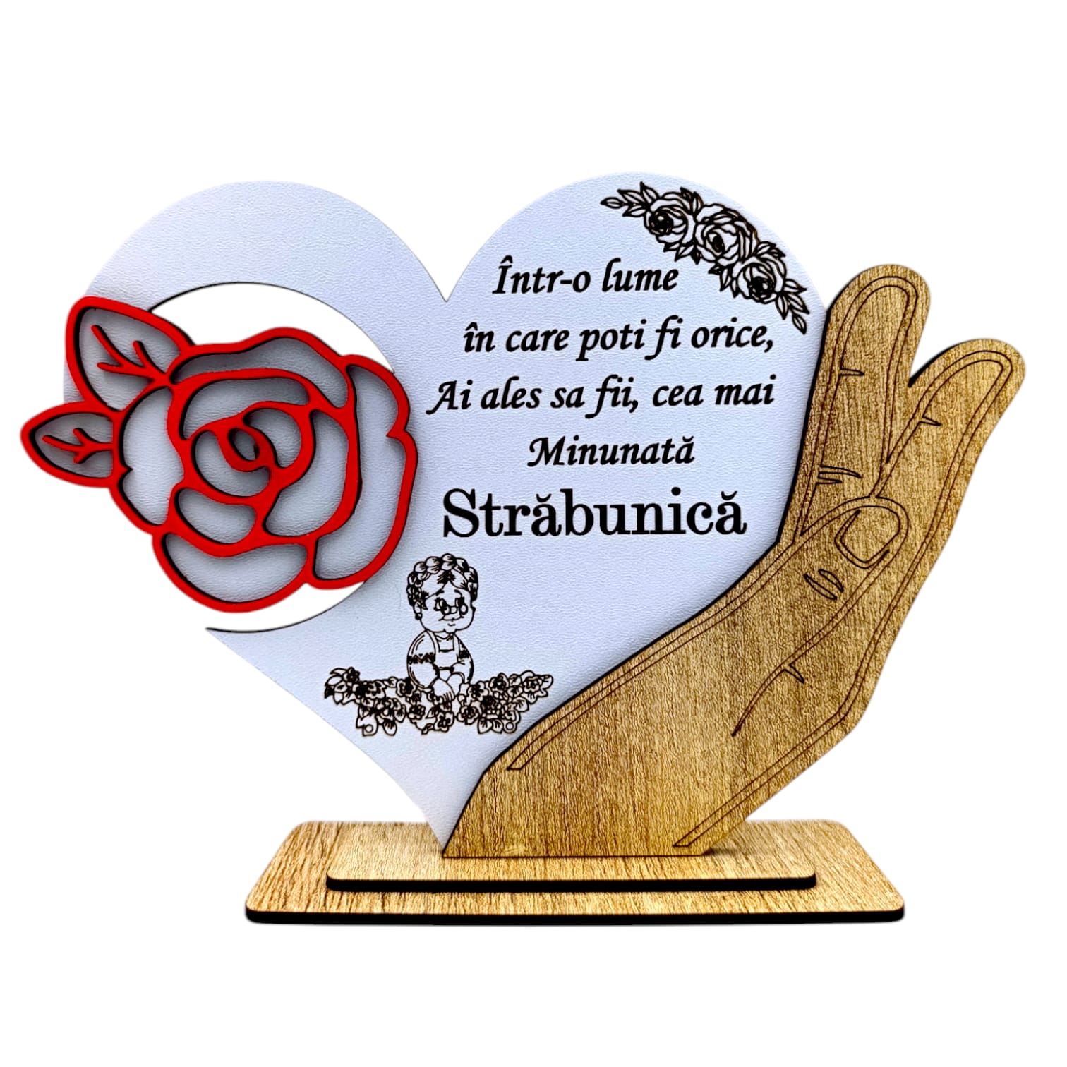Decoratiune tablou inima cu trandafir, personalizat cu mesaj standard ...