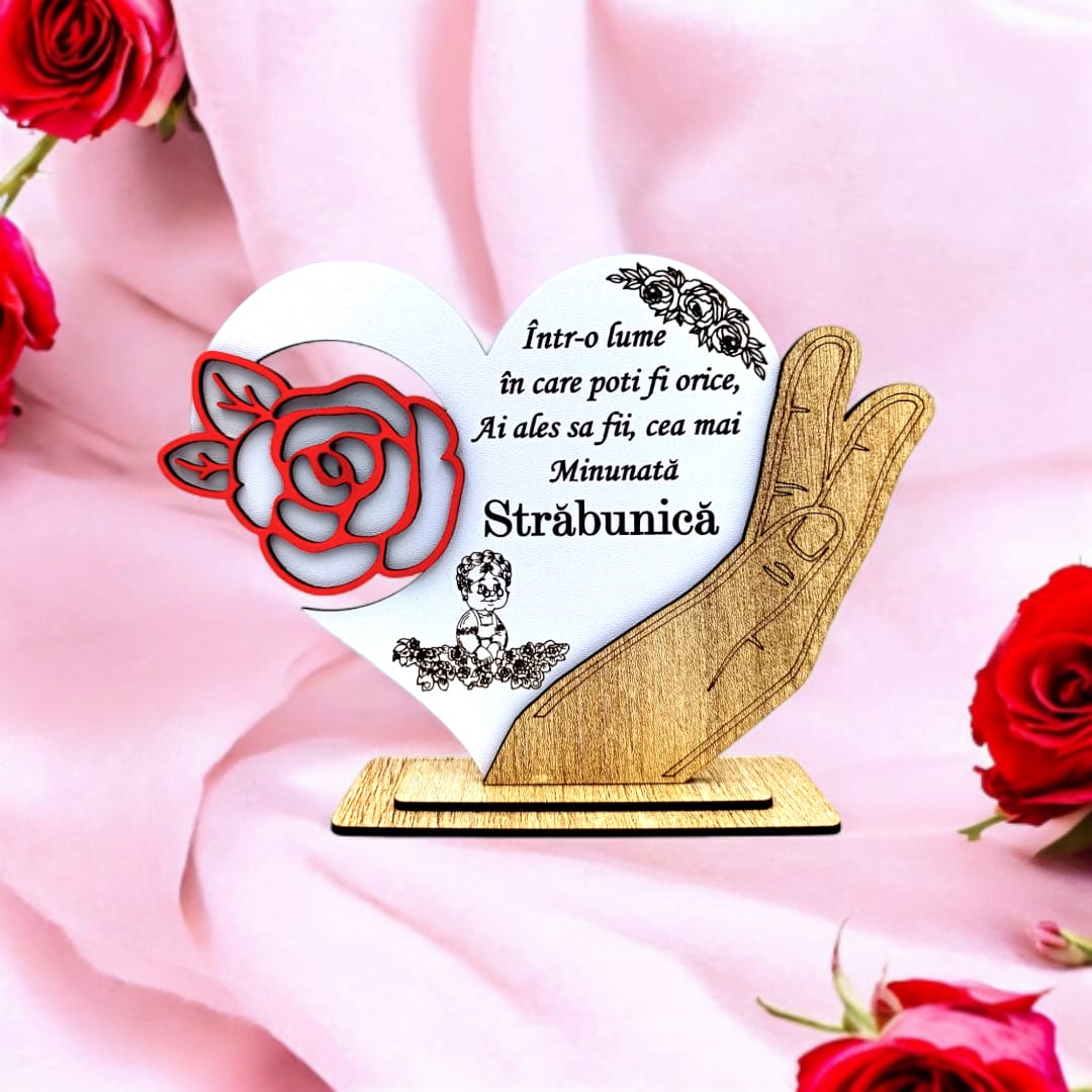 Decoratiune tablou inima cu trandafir, personalizat cu mesaj standard ...