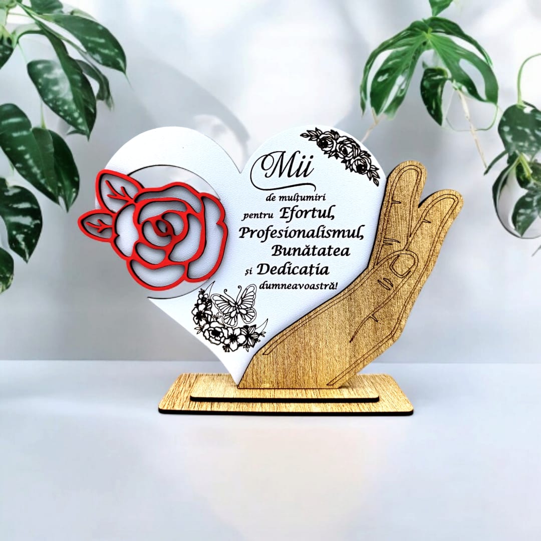 Decoratiune tablou inima cu trandafir, personalizat cu mesaj standard ...