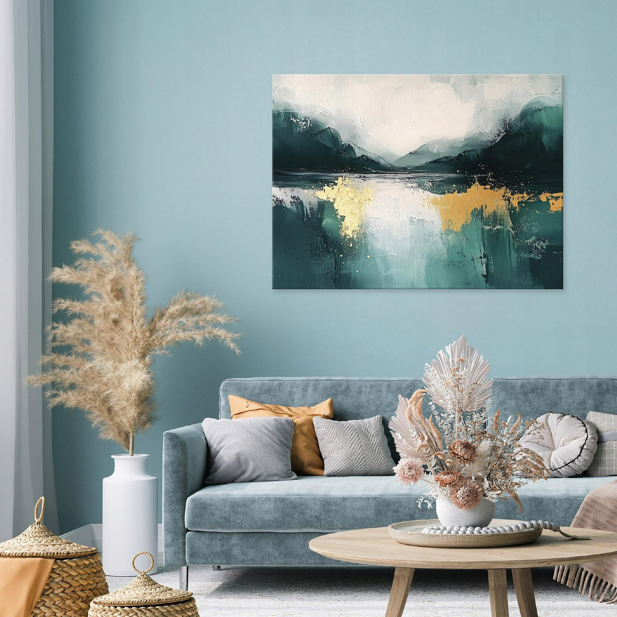 Tablou Canvas Living, Abstract, 100x70 cm, Verde, Auriu, Decorative ...