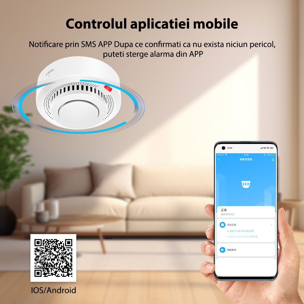 Alarma de fum Tuya WiFi, detector de fum de incendiu, 85dB, raza de ...