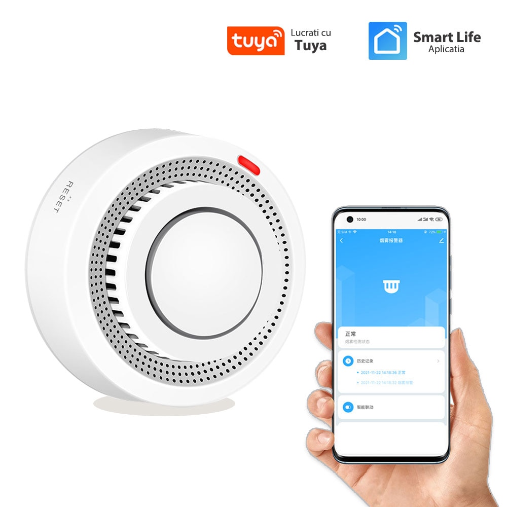 Alarma de fum Tuya WiFi, detector de fum de incendiu, 85dB, raza de ...