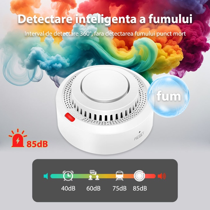 Alarma de fum Tuya WiFi, detector de fum de incendiu, 85dB, raza de ...