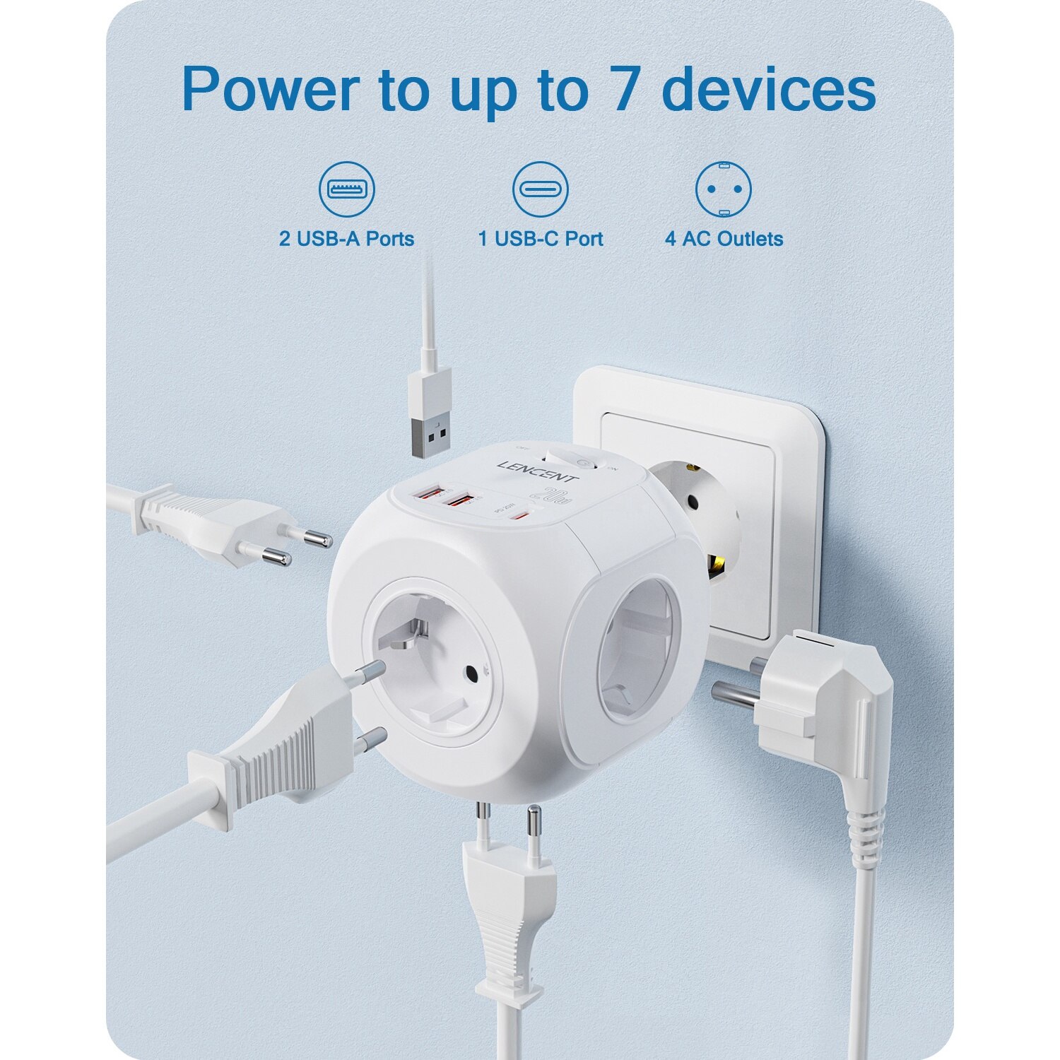 Stecher Priza Multiple cu USB 7 in 1 LENCENT®,4 prize Schuko+2 USB A+1 ...