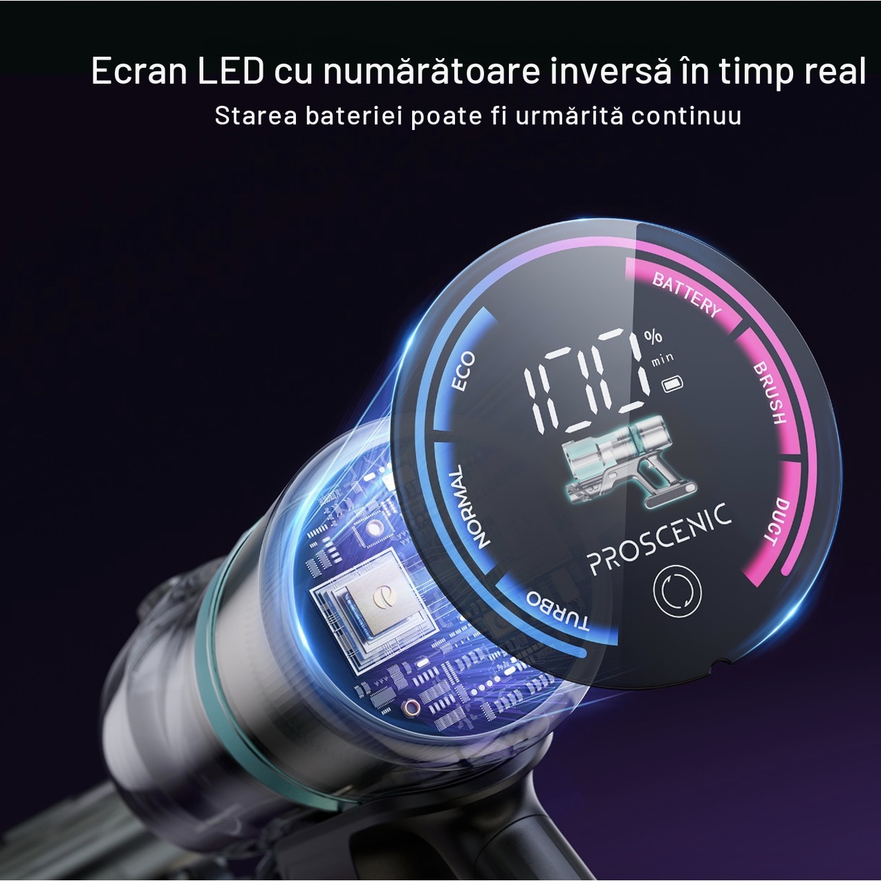 Aspirator vertical fara fir Proscenic P16, 550 W, Ecran LED digital ...