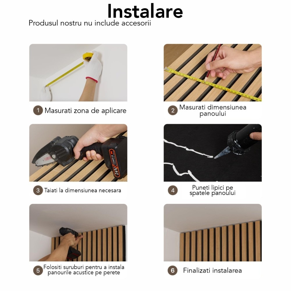 Set 6 Panouri riflaj acustic decorativ, MDF si pasla, Naimeed D7101 ...