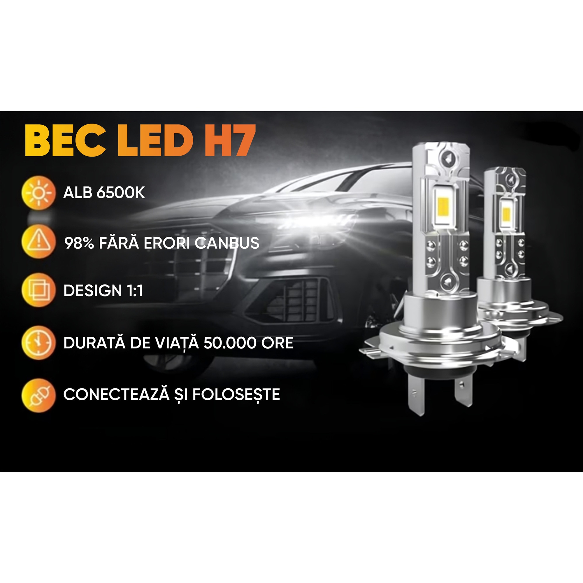 Set 2 BecurI Auto LED H7, AutoREY® Super CSP, Bec H7 LED, 55W, 16000LM ...