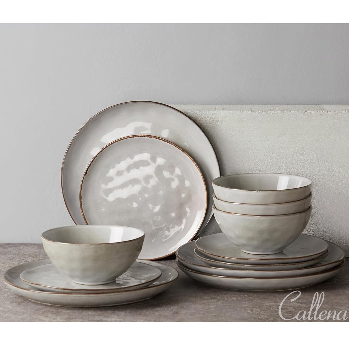 Serviciu de masa 12 piese, ceramica, gri cu margini maro-aurii, vintage ...